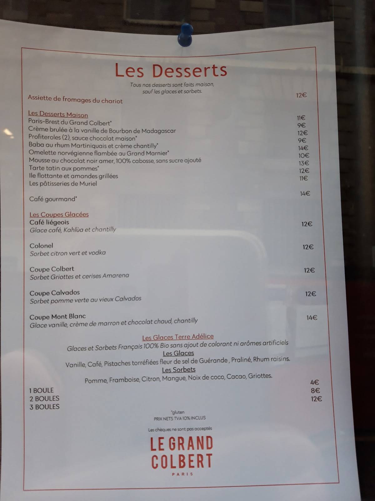 Menu at Le Grand Colbert restaurant, Paris, 2 Rue Vivienne