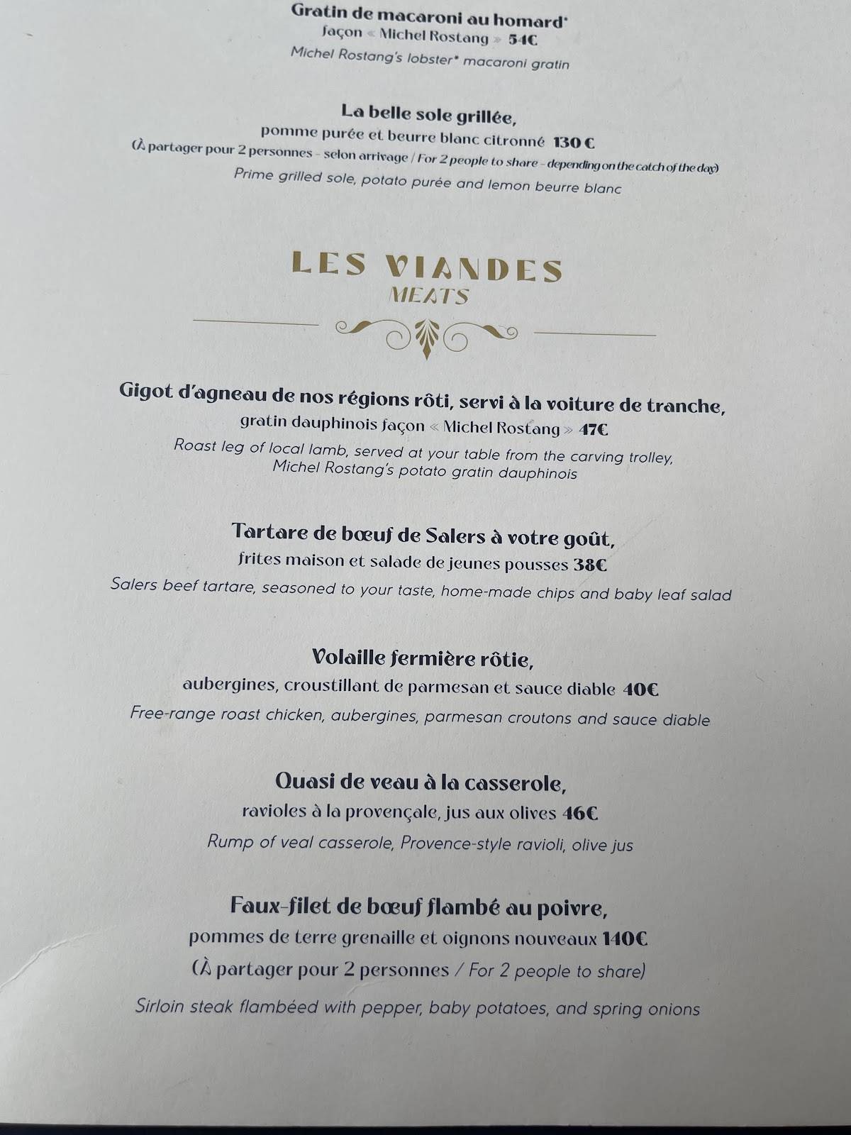 Menu au Le Train Bleu restaurant, Paris, Gare de Lyon