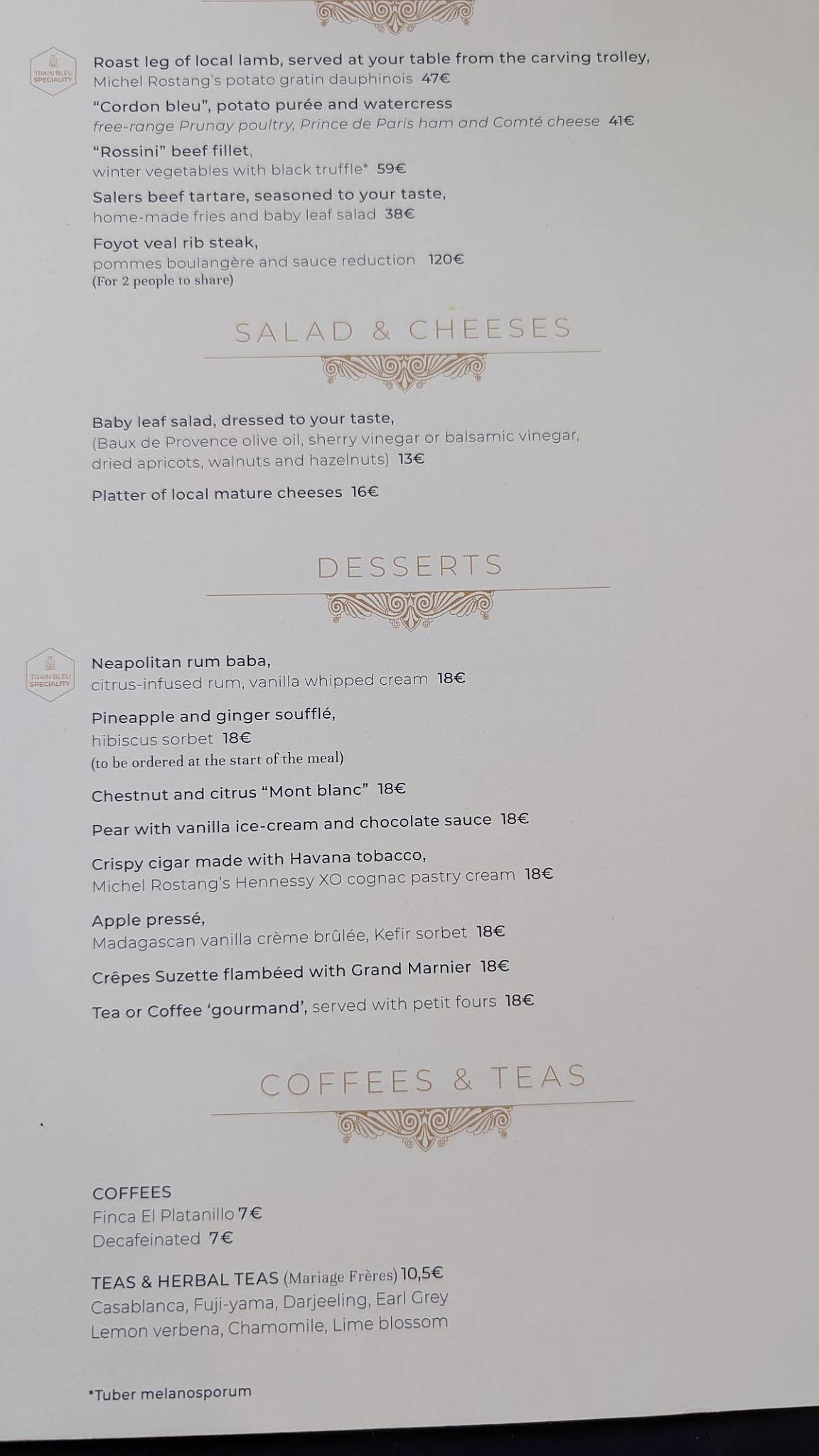Menu at Le Train Bleu restaurant, Paris, Gare de Lyon