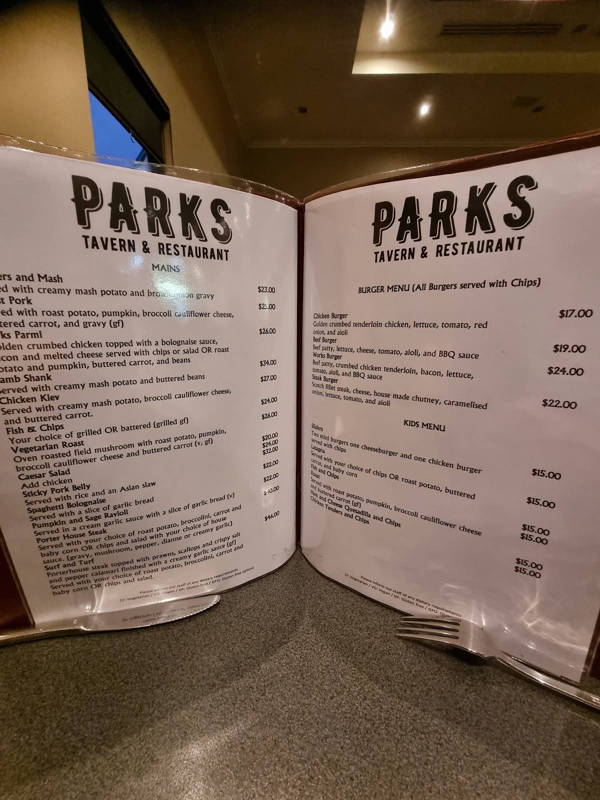 Menu at Parks Tavern & Restaurant, Bunbury