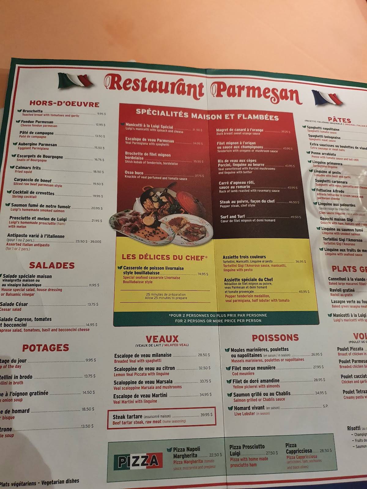 Menu au Restaurant Parmesan, Québec