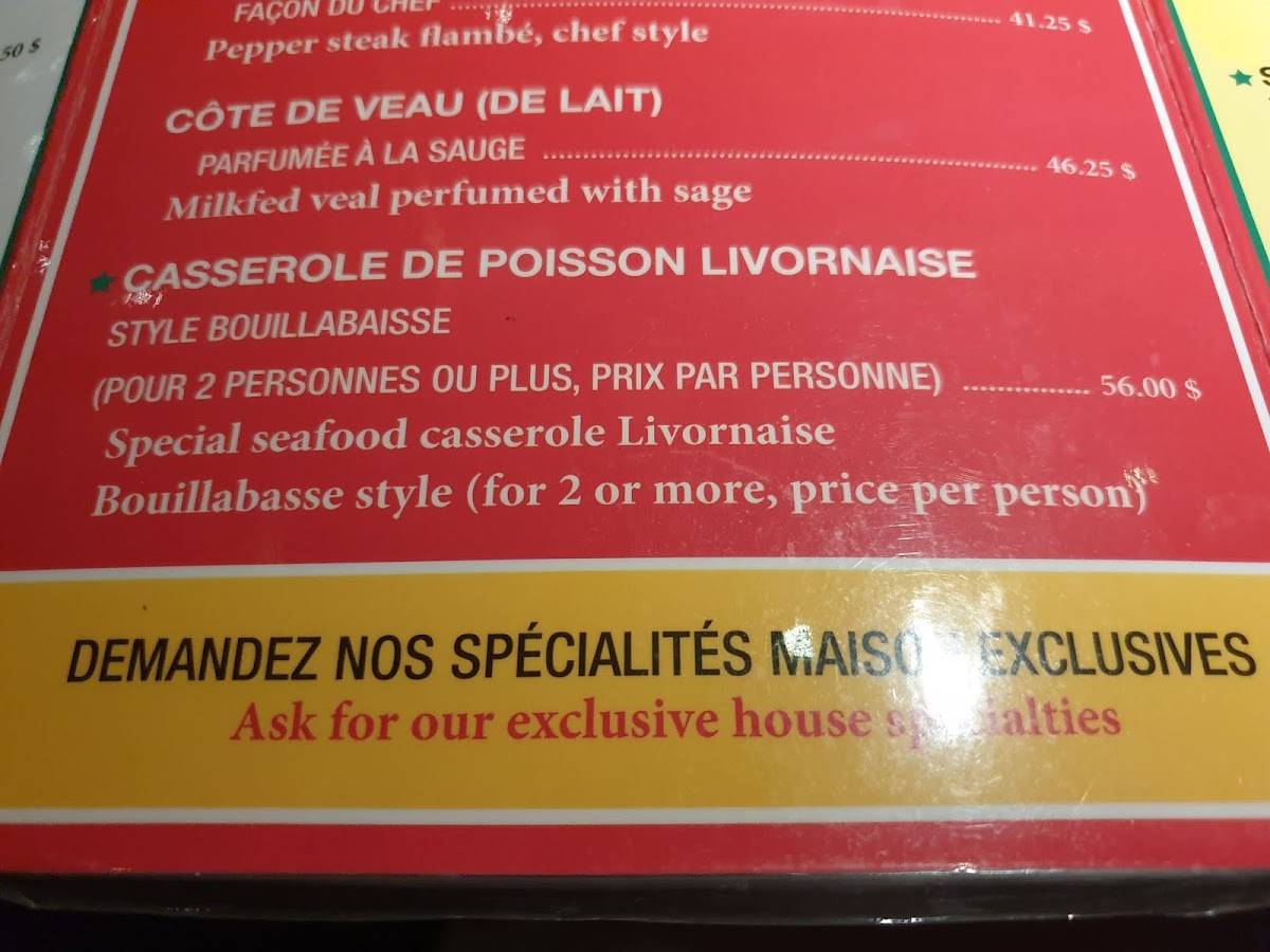 Menu au Restaurant Parmesan, Québec