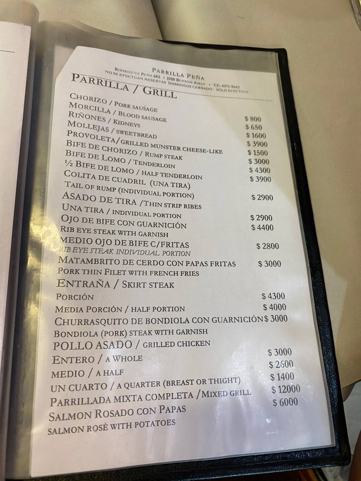 Carta de Parrilla Peña, Buenos Aires, Rodriguez Peña 682 Rodriguez Peña 682