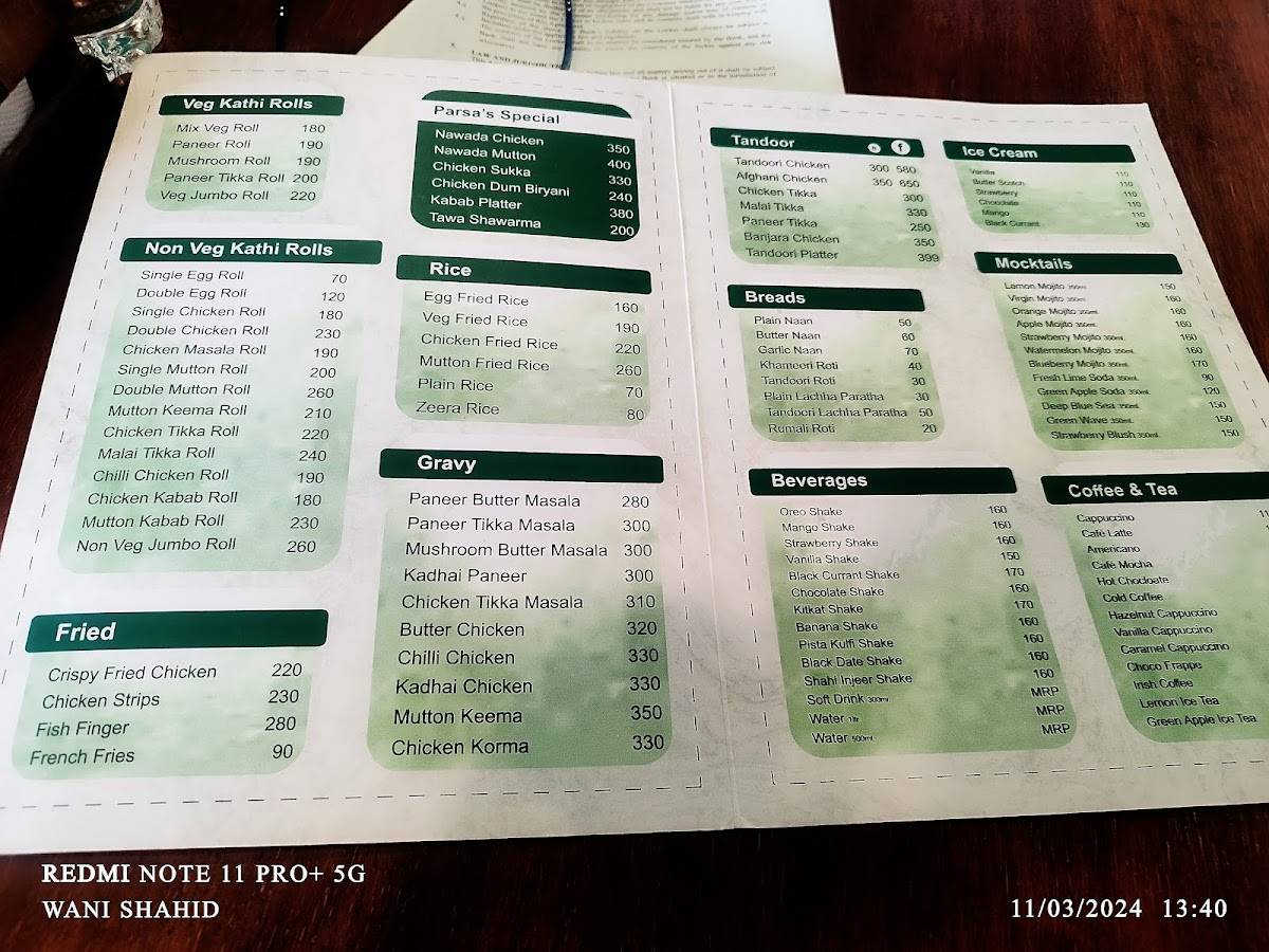 Menu at Parsa's Anantnag, India