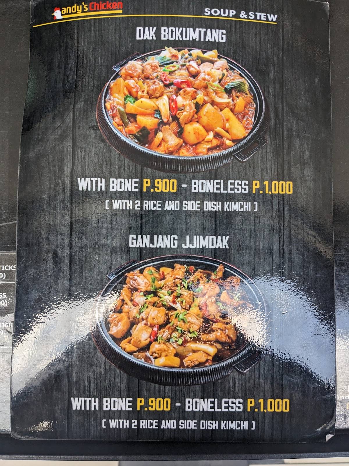 Menu at Andy's Chicken restaurant, Pasig