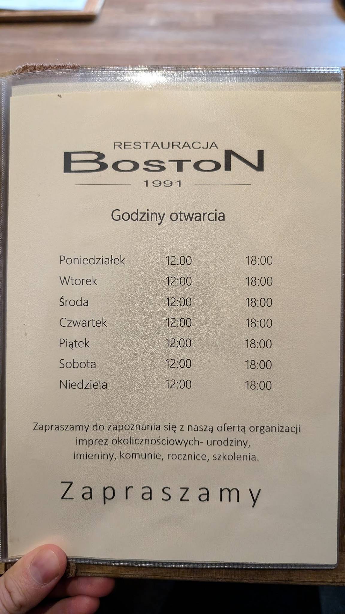 Menu at Boston restaurant, Pasłęk