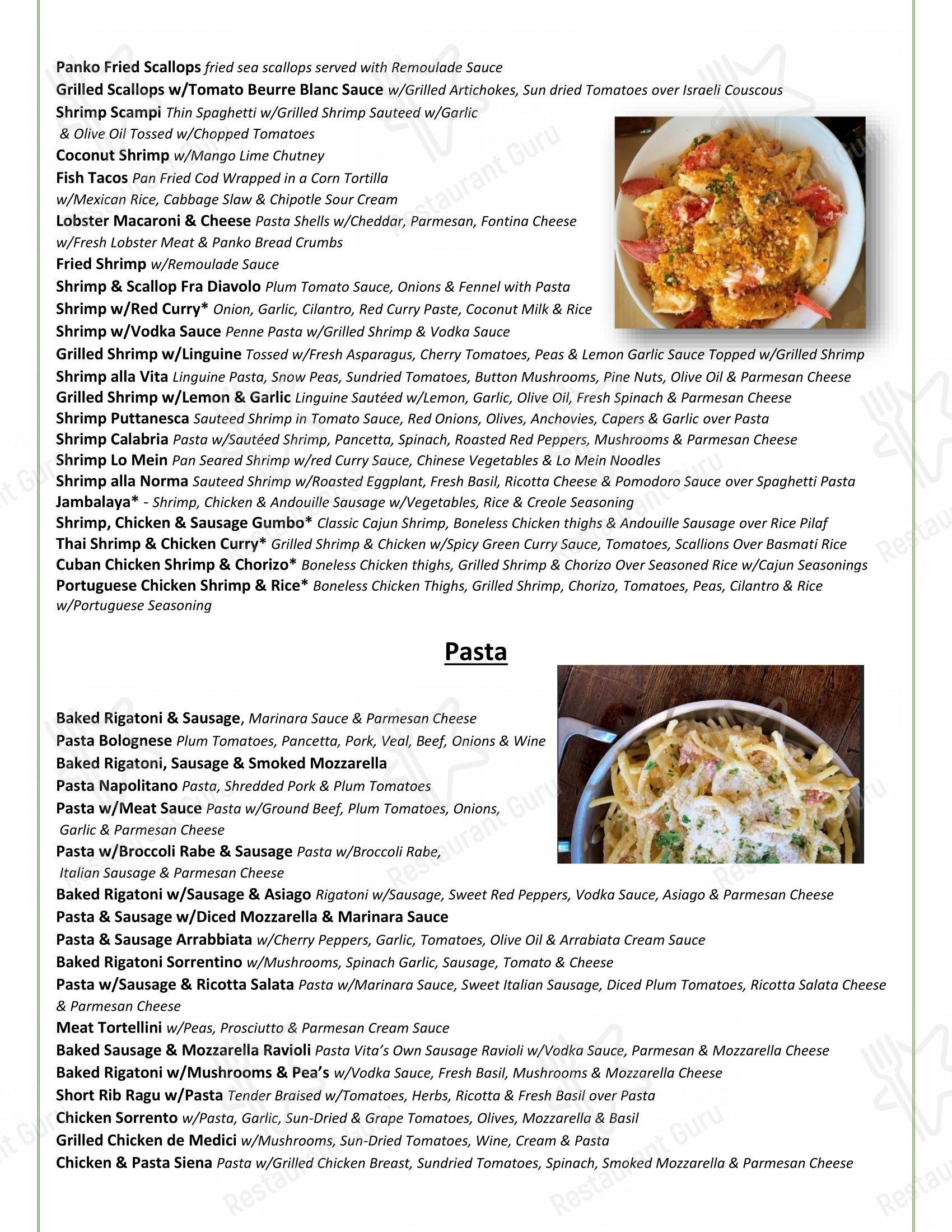 Menu at Pasta Vita restaurant, Old Saybrook, 225 Elm St
