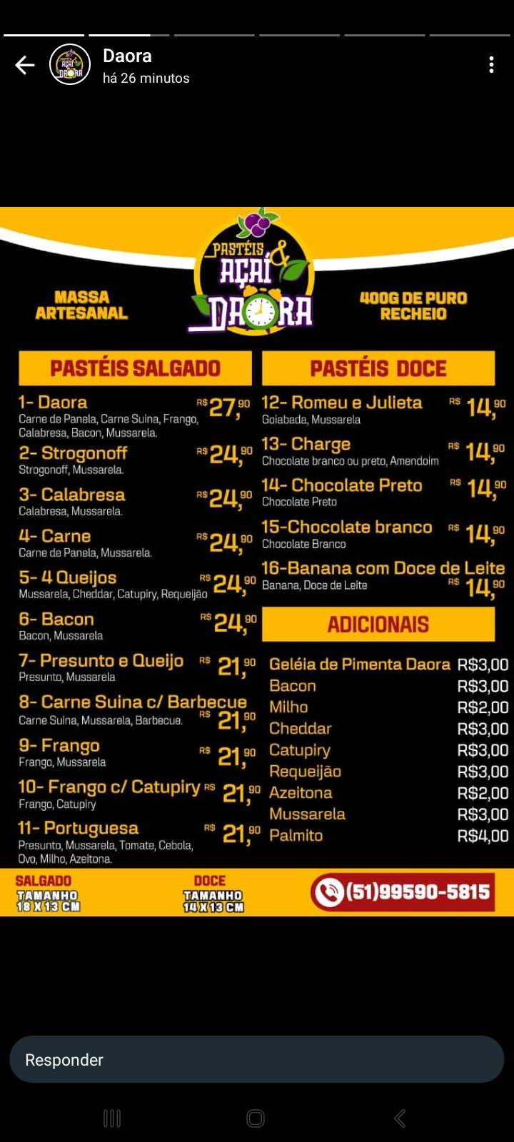 Menu at Pastéis e Açai Daora restaurant, Gravataí