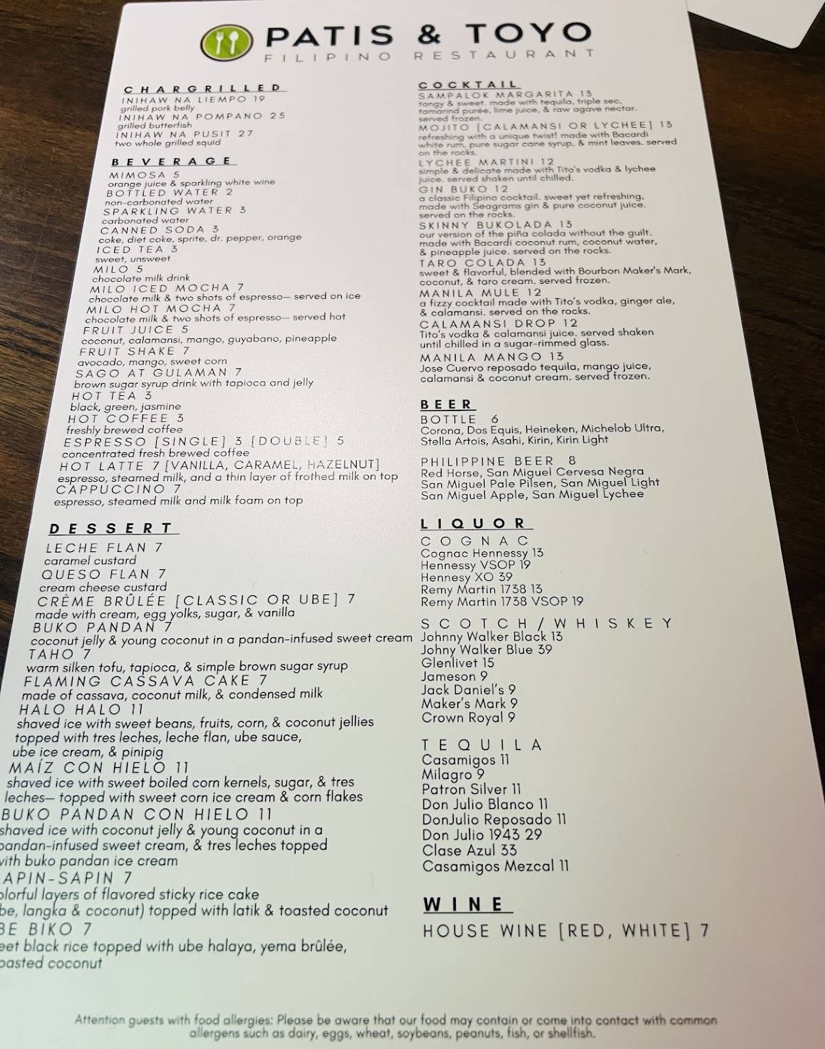 Menu at Patis & Toyo restaurant, Katy