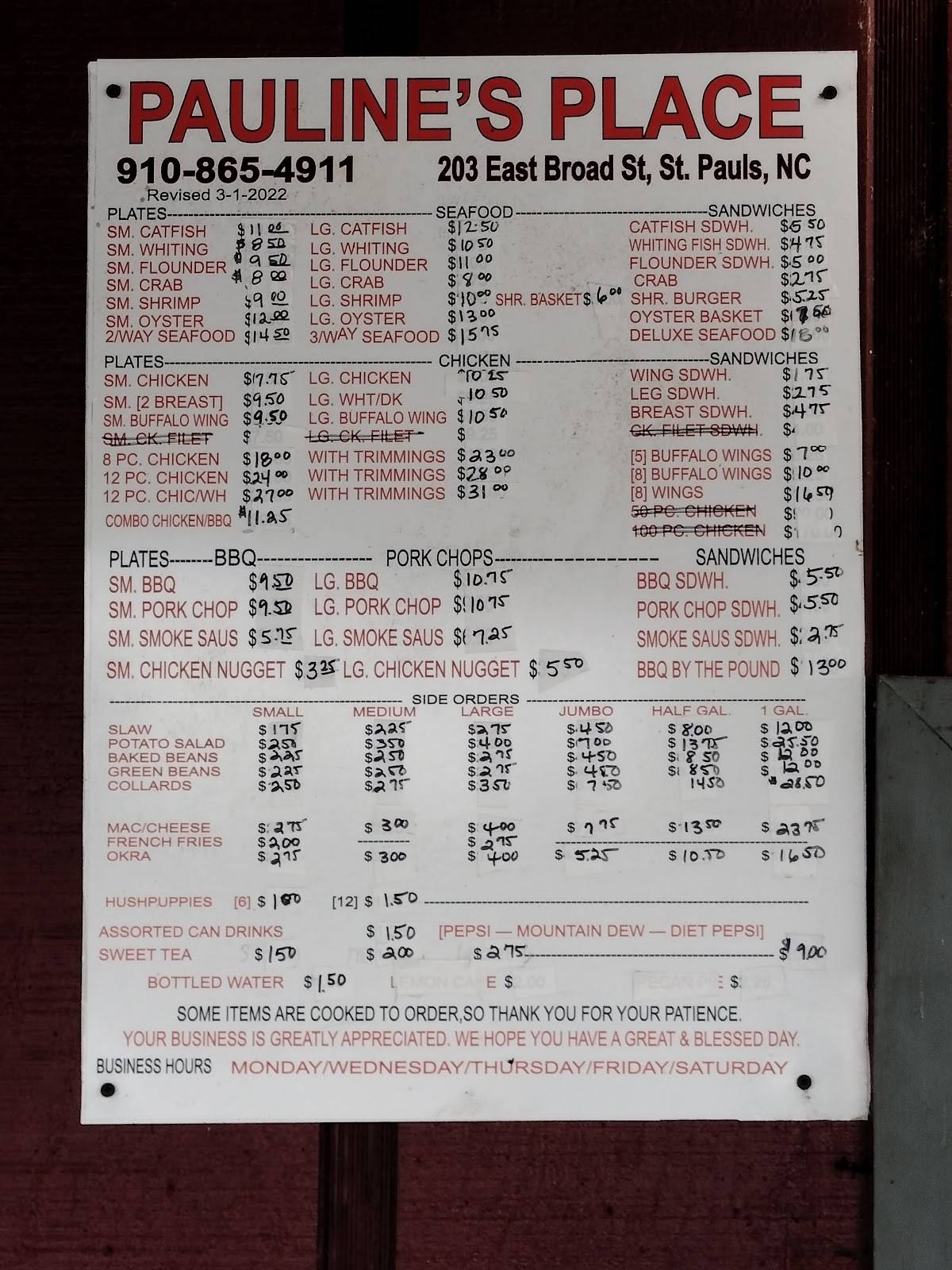 Menu at Pauline's Place BBQ, Saint Pauls