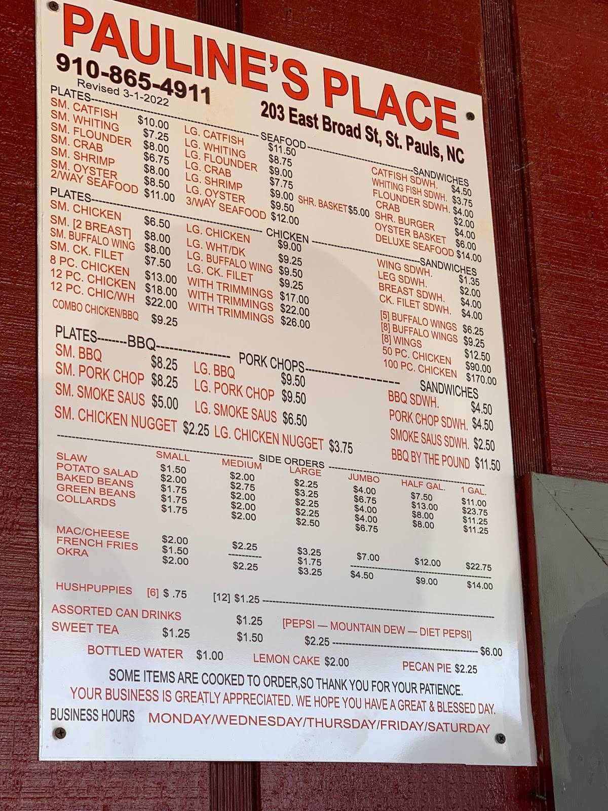Menu at Pauline's Place BBQ, Saint Pauls