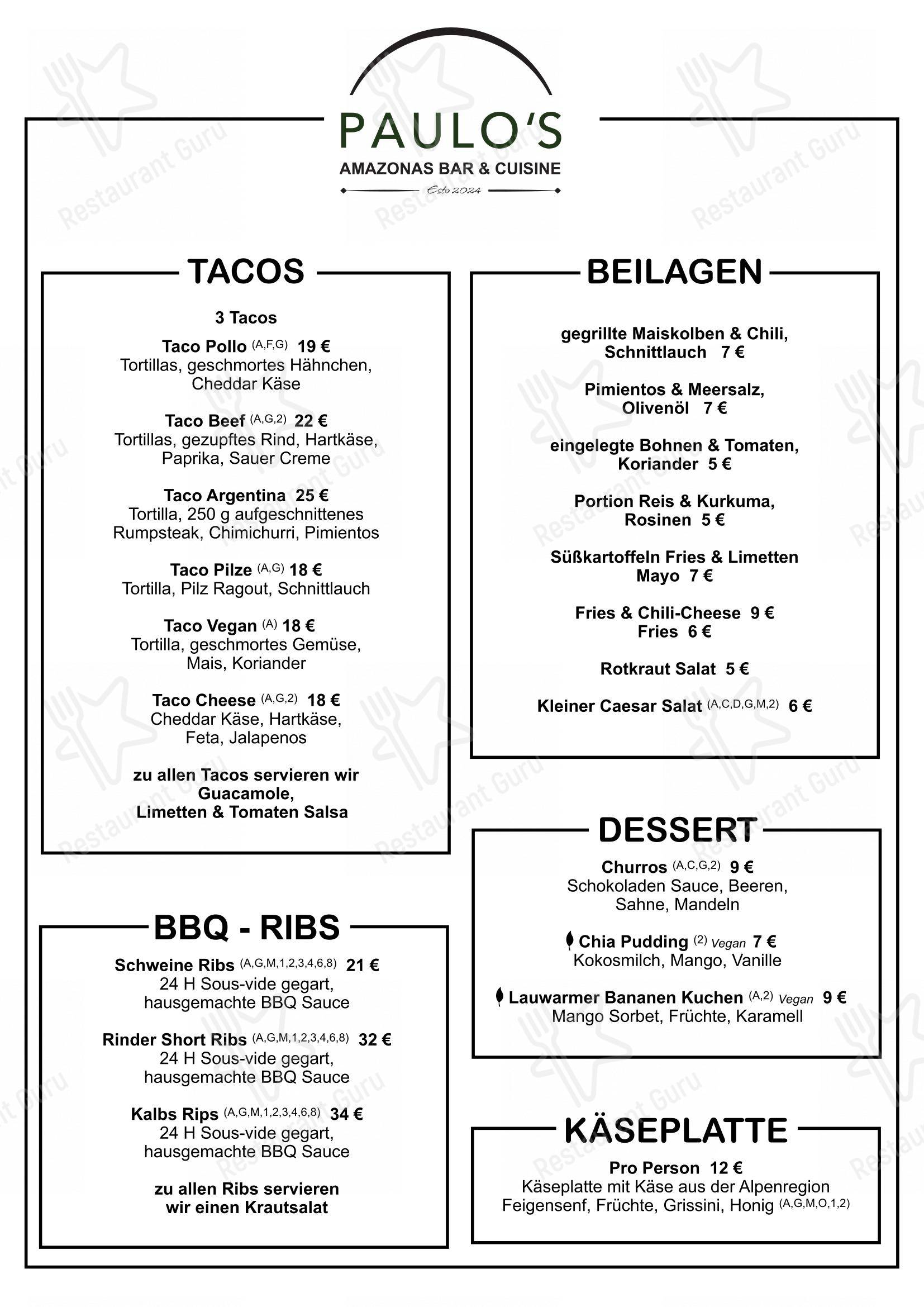 Carta de Paulo's Amazonas Bar & Cuisine, Munich