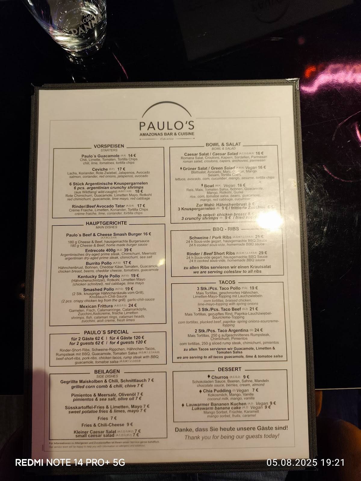 Menu at Paulo´s Amazonas Bar & Cuisine, Munich