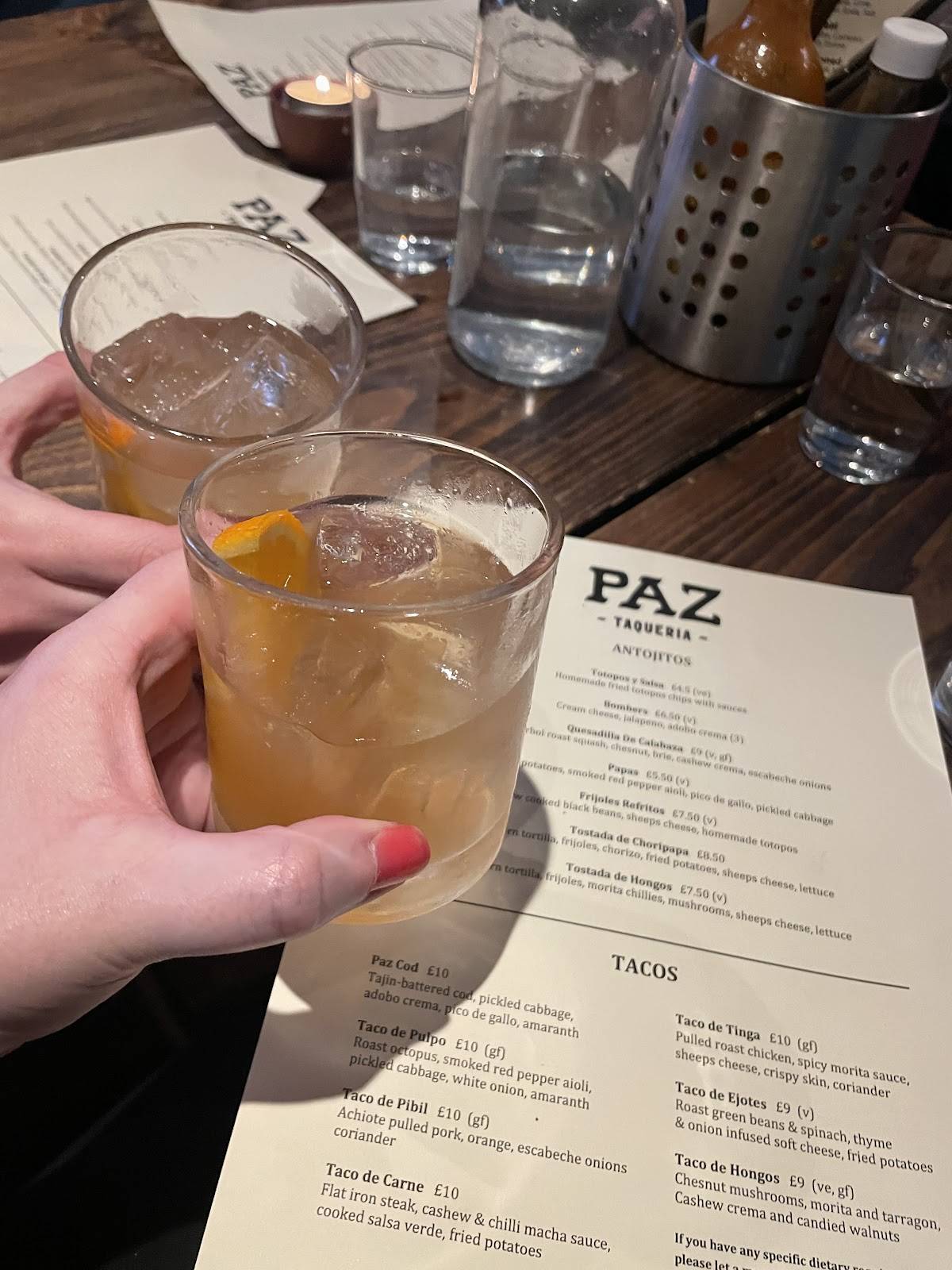 Menu at Paz Taqueria restaurant, Edinburgh