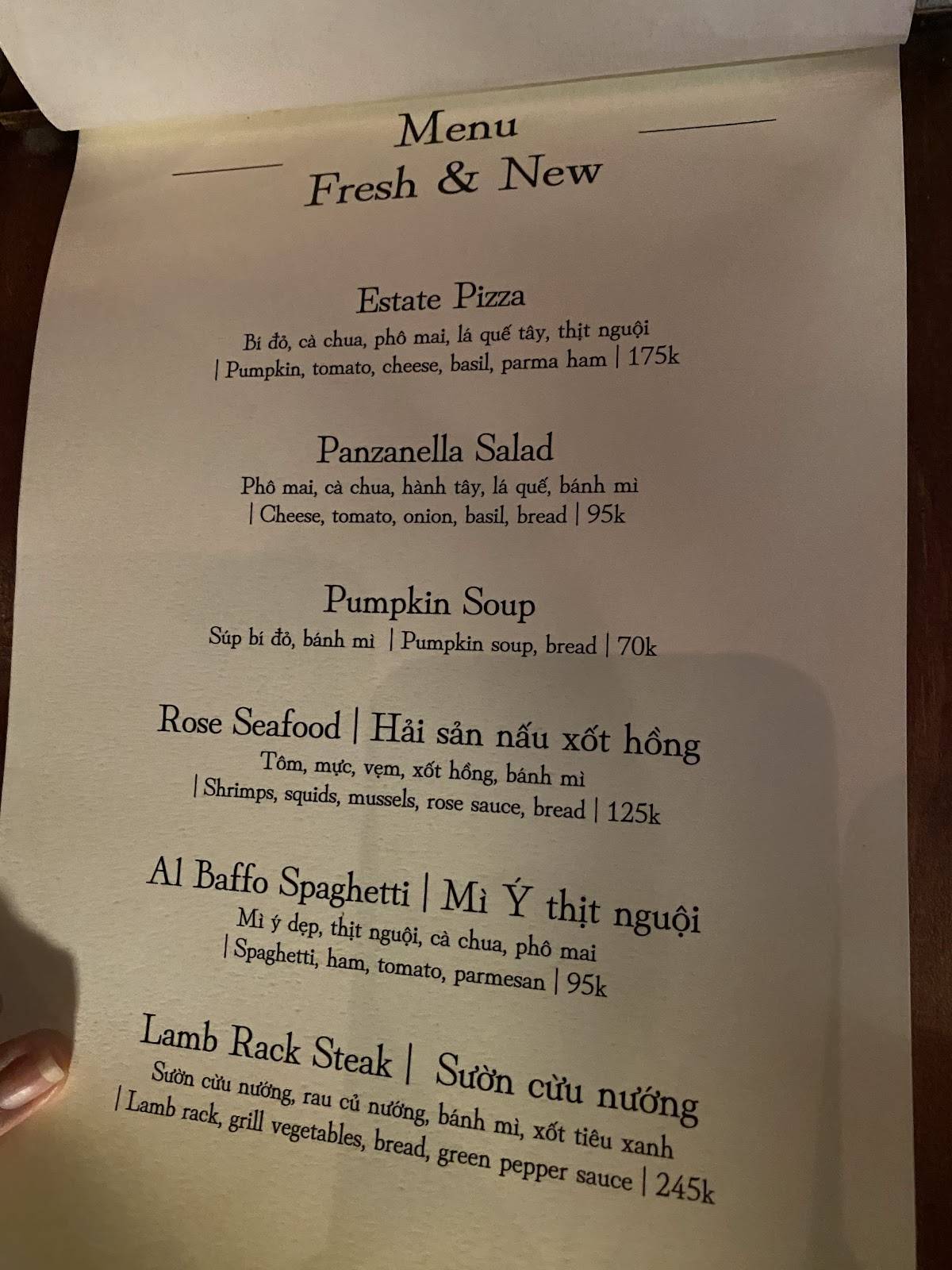 Menu at Pazzi Pizza restaurant, Ho Chi Minh City