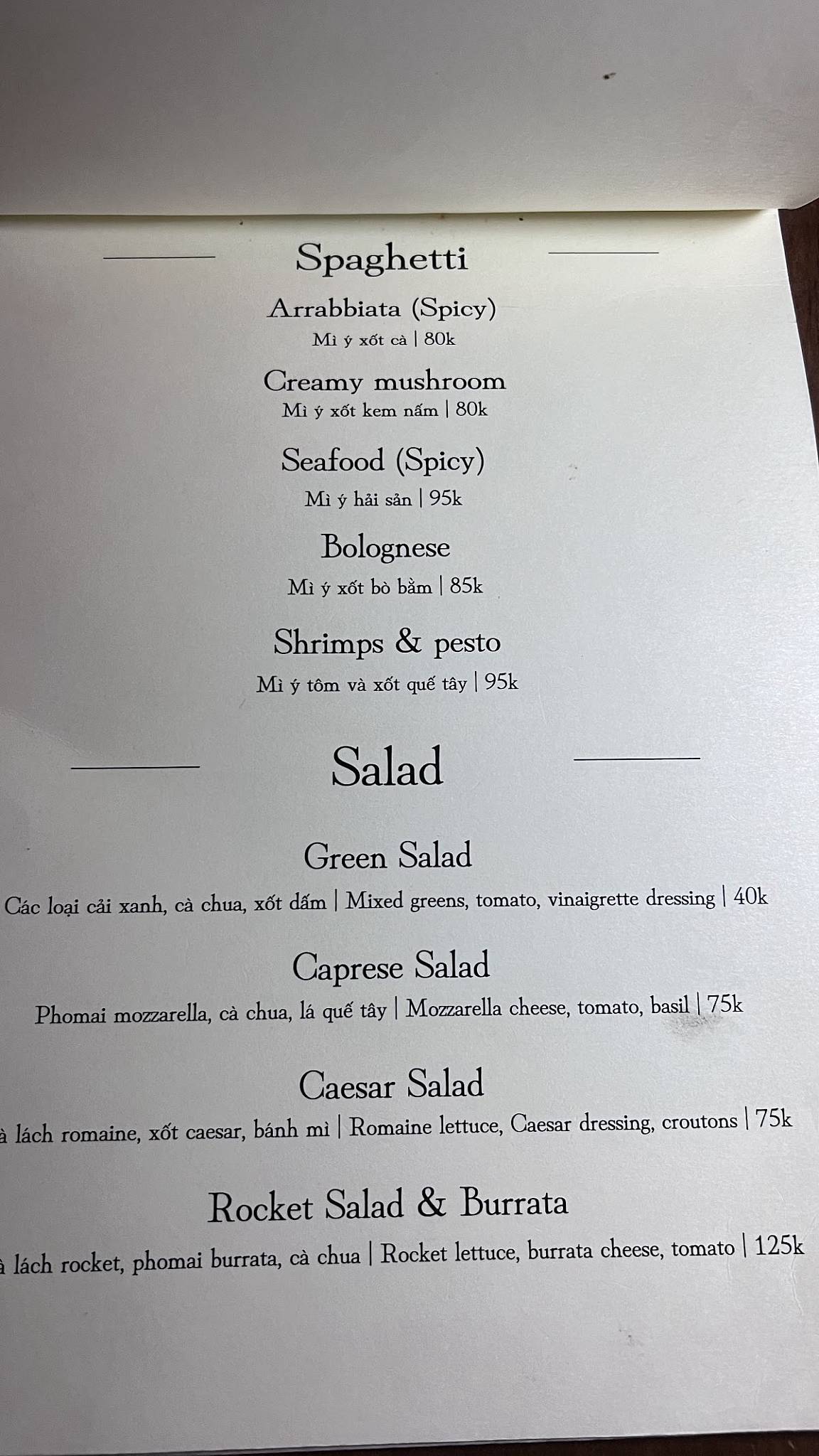 Menu at Pazzi Pizza restaurant, Ho Chi Minh City