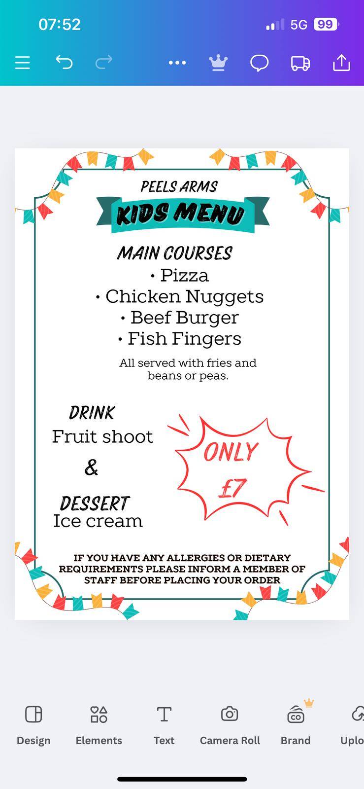 Menu at Peels Arms pub & bar, Oldham
