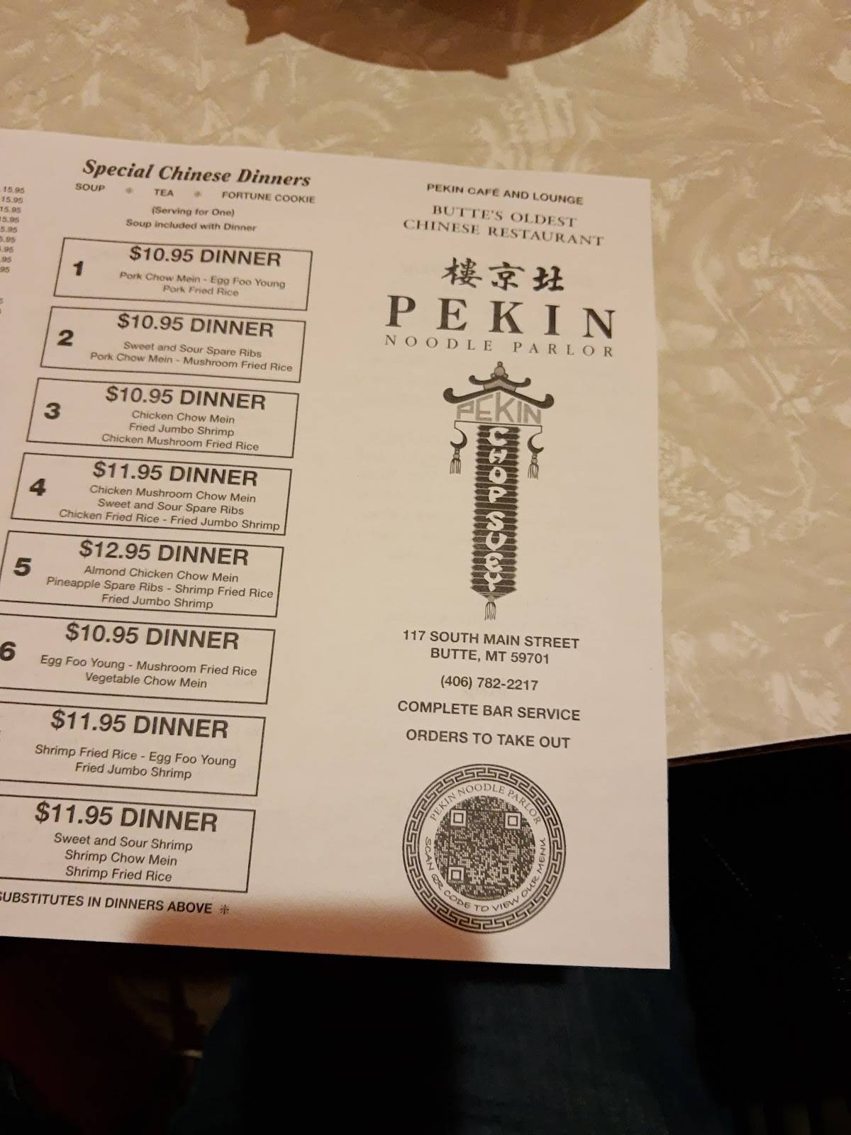 Menu at Pekin Noodle Parlor restaurant, Butte