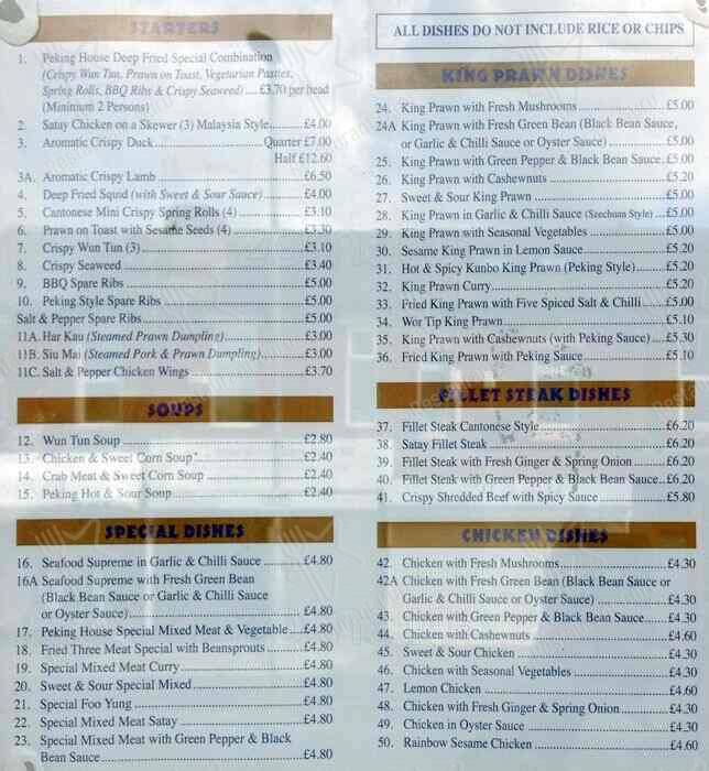 Menu at New Peking House fast food, Manchester, 72 School Ln