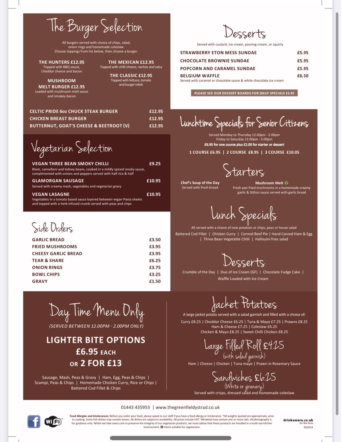 Menu at The Greenfield pub & bar, Pentre
