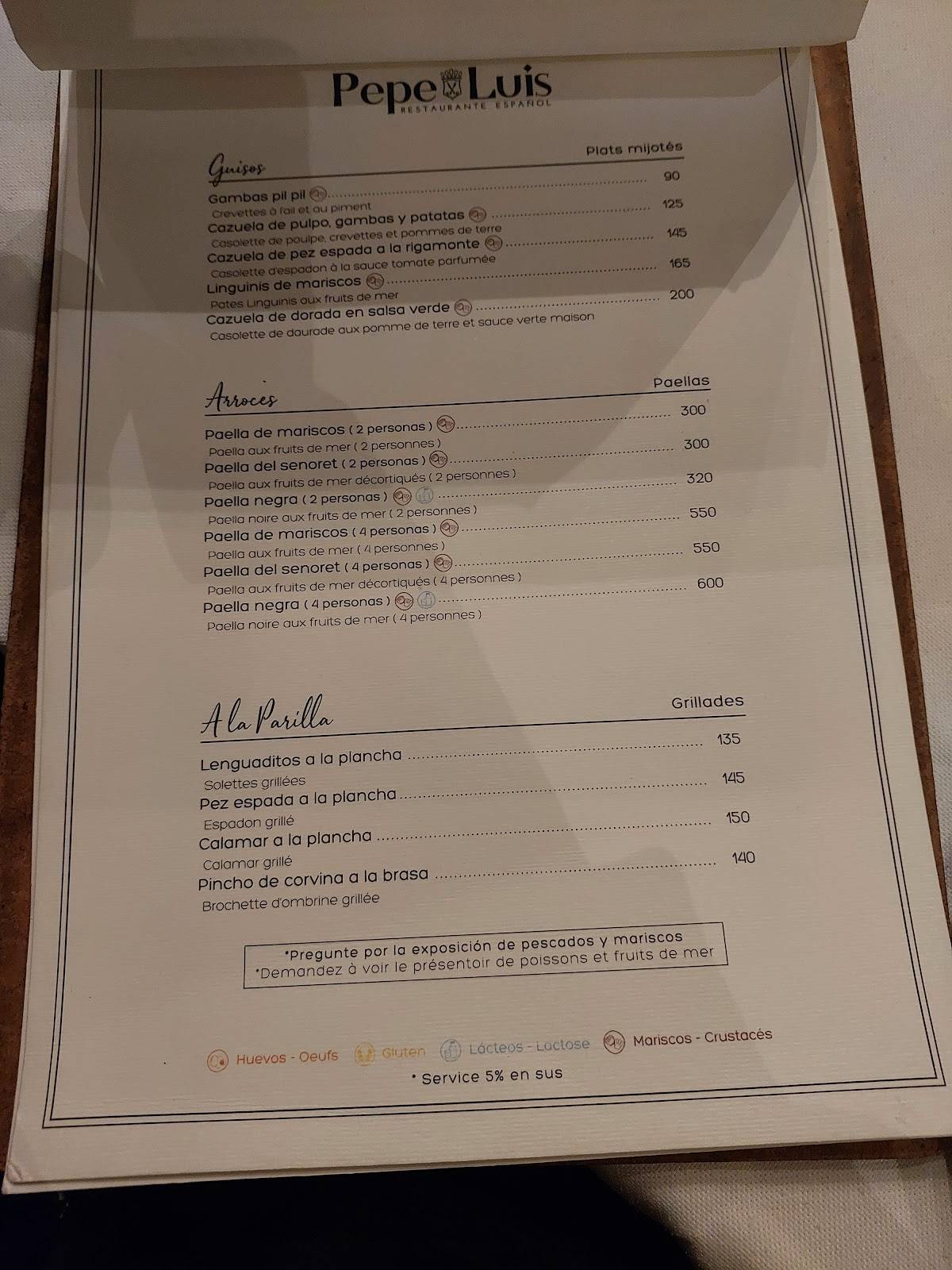 Menu au Pepe Luis restaurant, Casablanca
