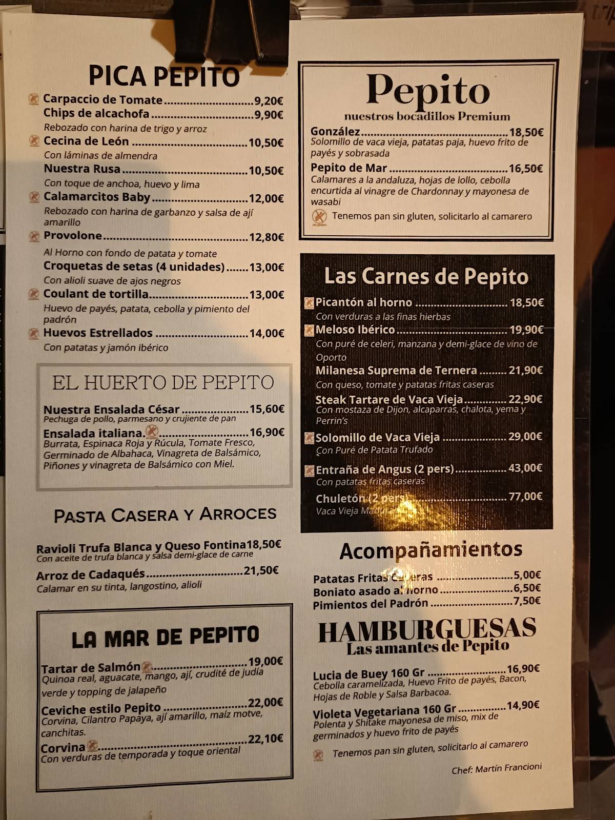 Menu at Pepito Restaurante, Barcelona