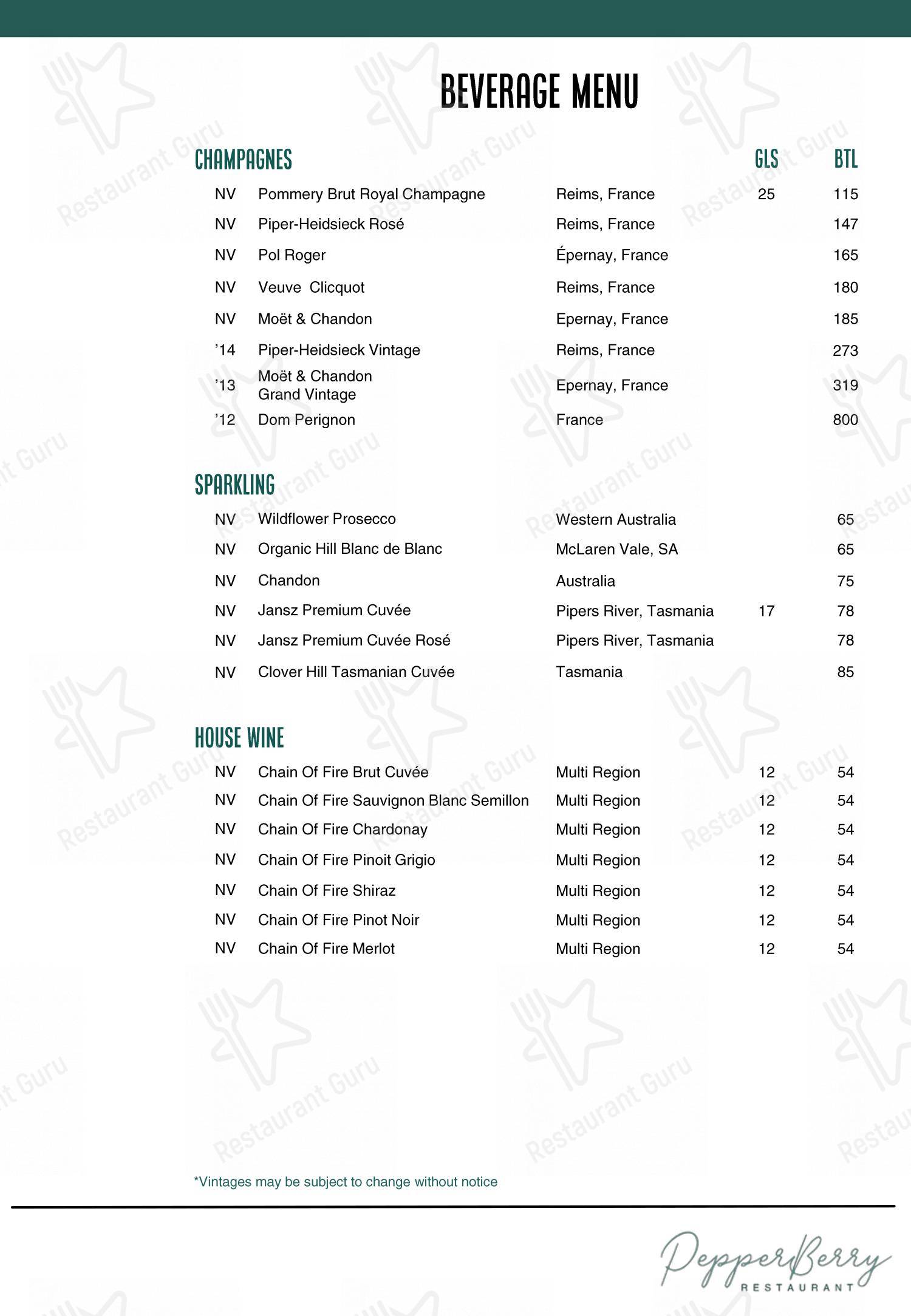 Menu at PepperBerry Restaurant, Darwin City
