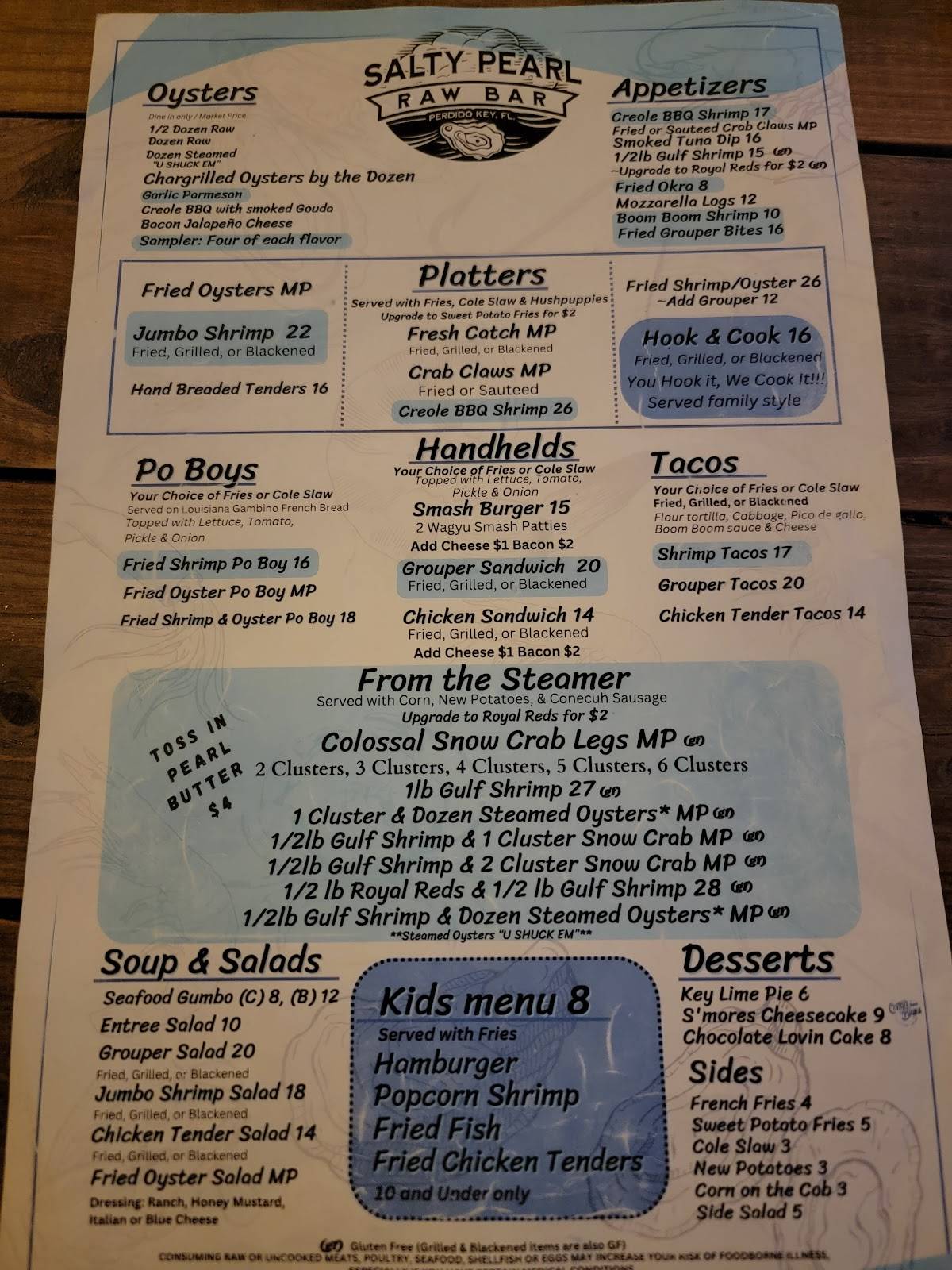 Menu at Salty Pearl Raw Bar and Steamer, Perdido Key