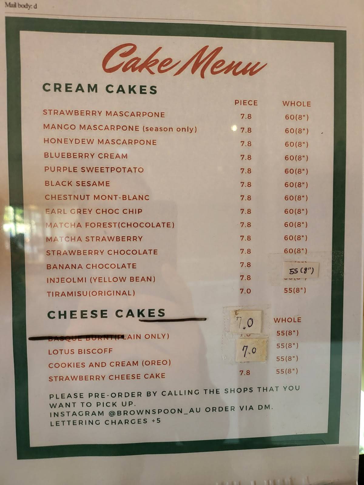 Menu at Brown Spoon Victoria Park cafe, Victoria Park