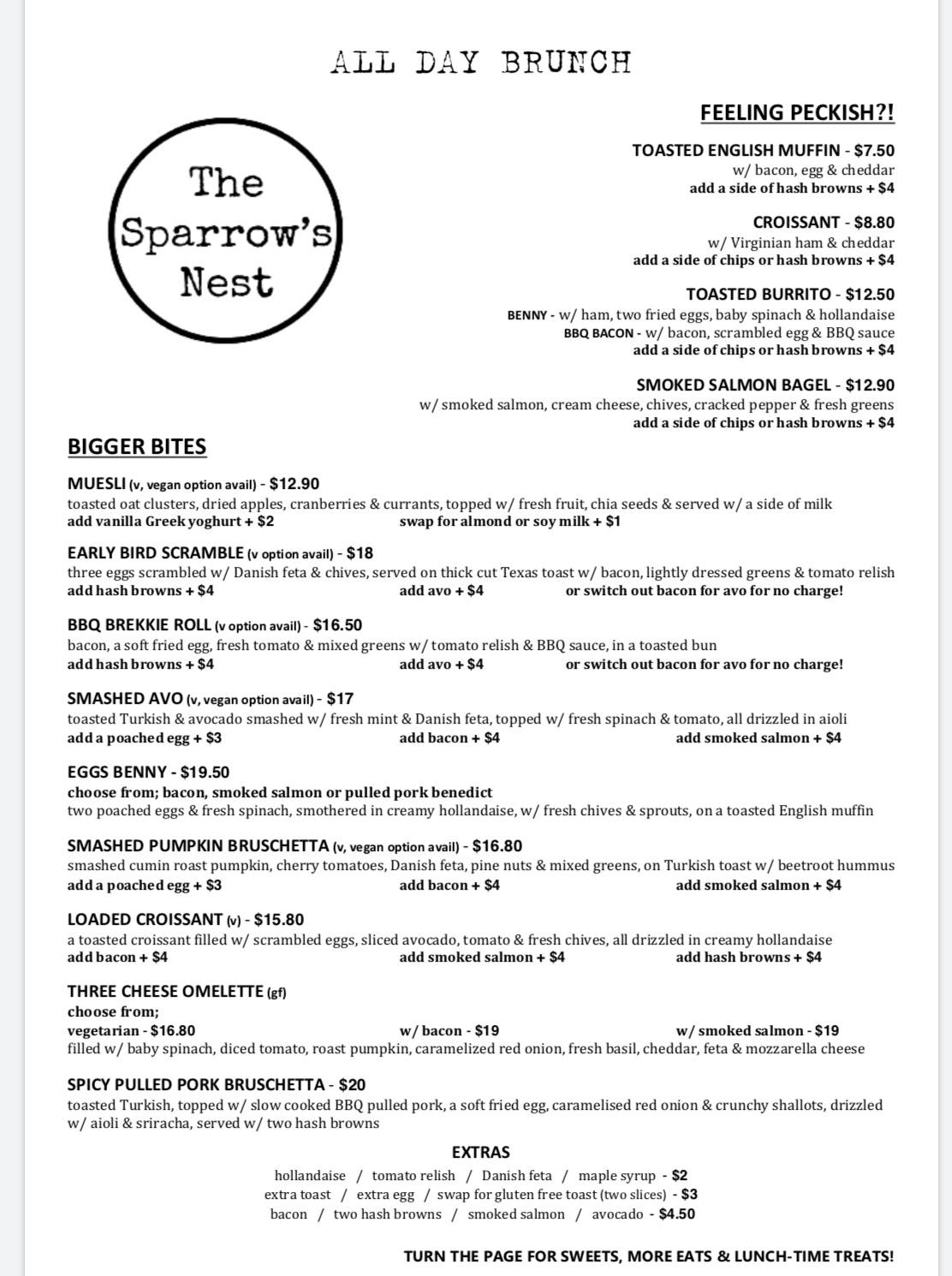Menu at The Sparrow's Nest cafe, East Victoria Park