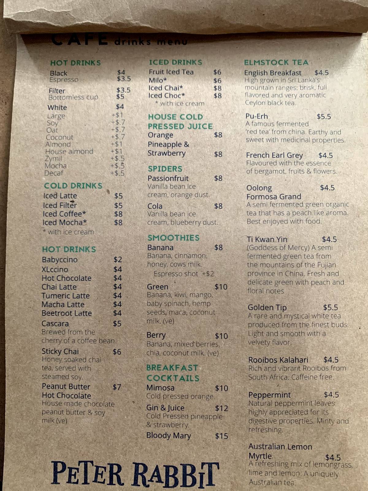 Menu at Peter Rabbit Cafe, Adelaide