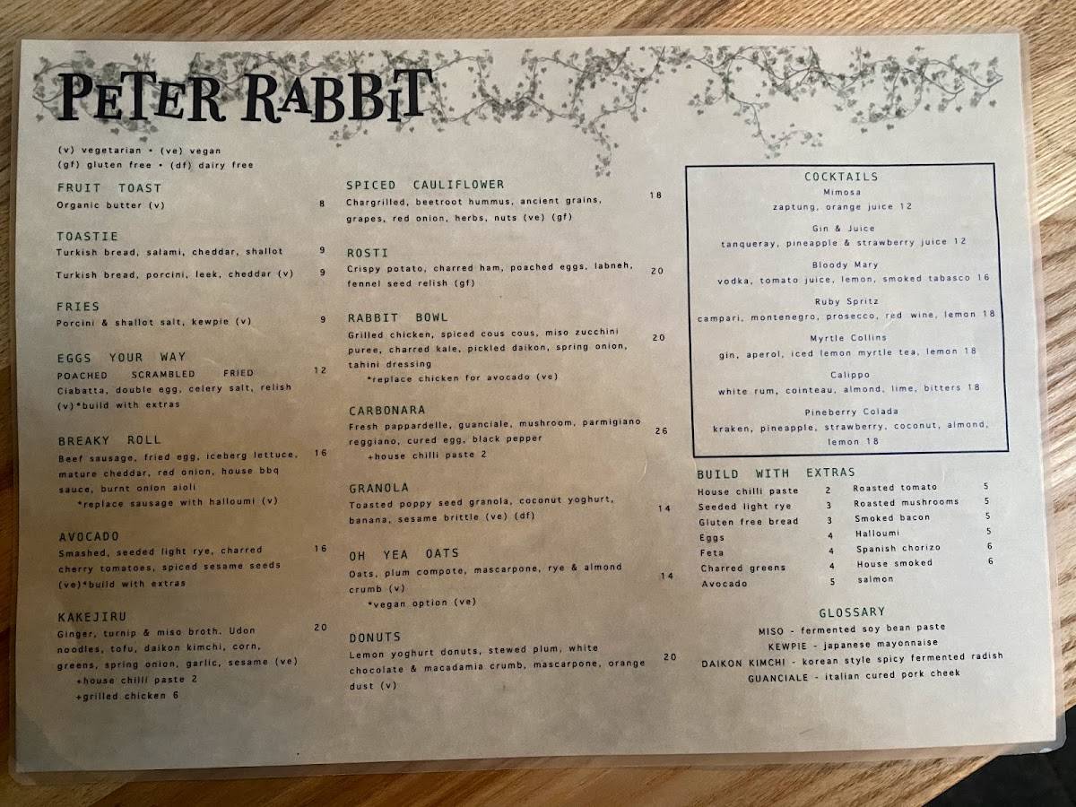 Menu at Peter Rabbit Cafe, Adelaide