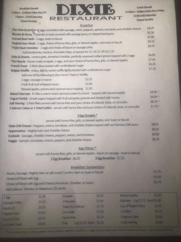 Menu at Dixie Restaurant, Petersburg