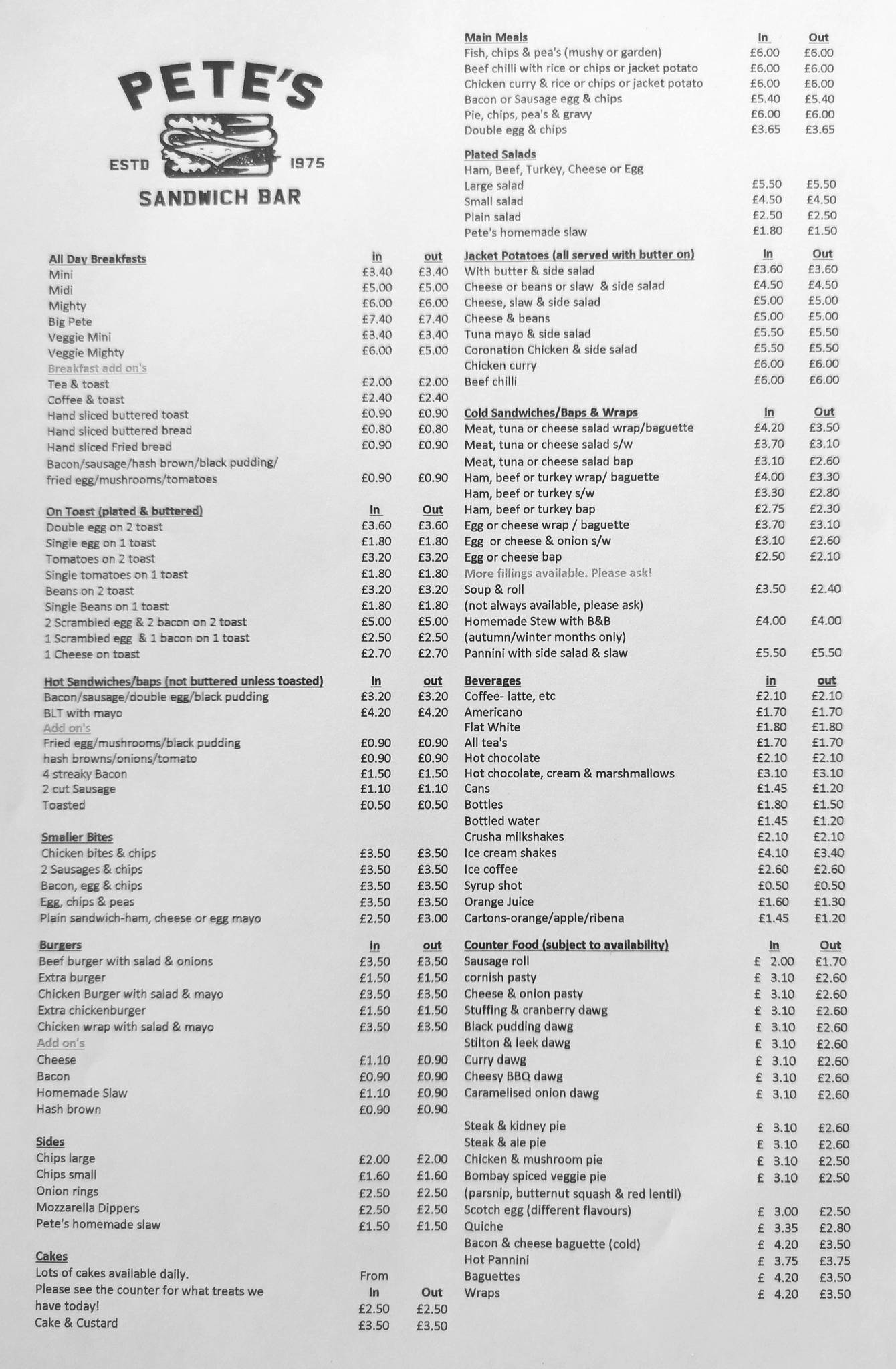 Menu at Petes Sandwich Bar, Ellesmere
