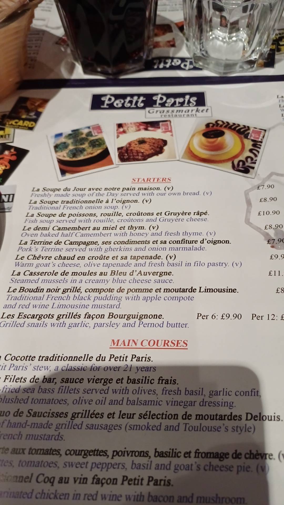 Menu at Petit Paris restaurant, Edinburgh, 38-40 Grassmarket