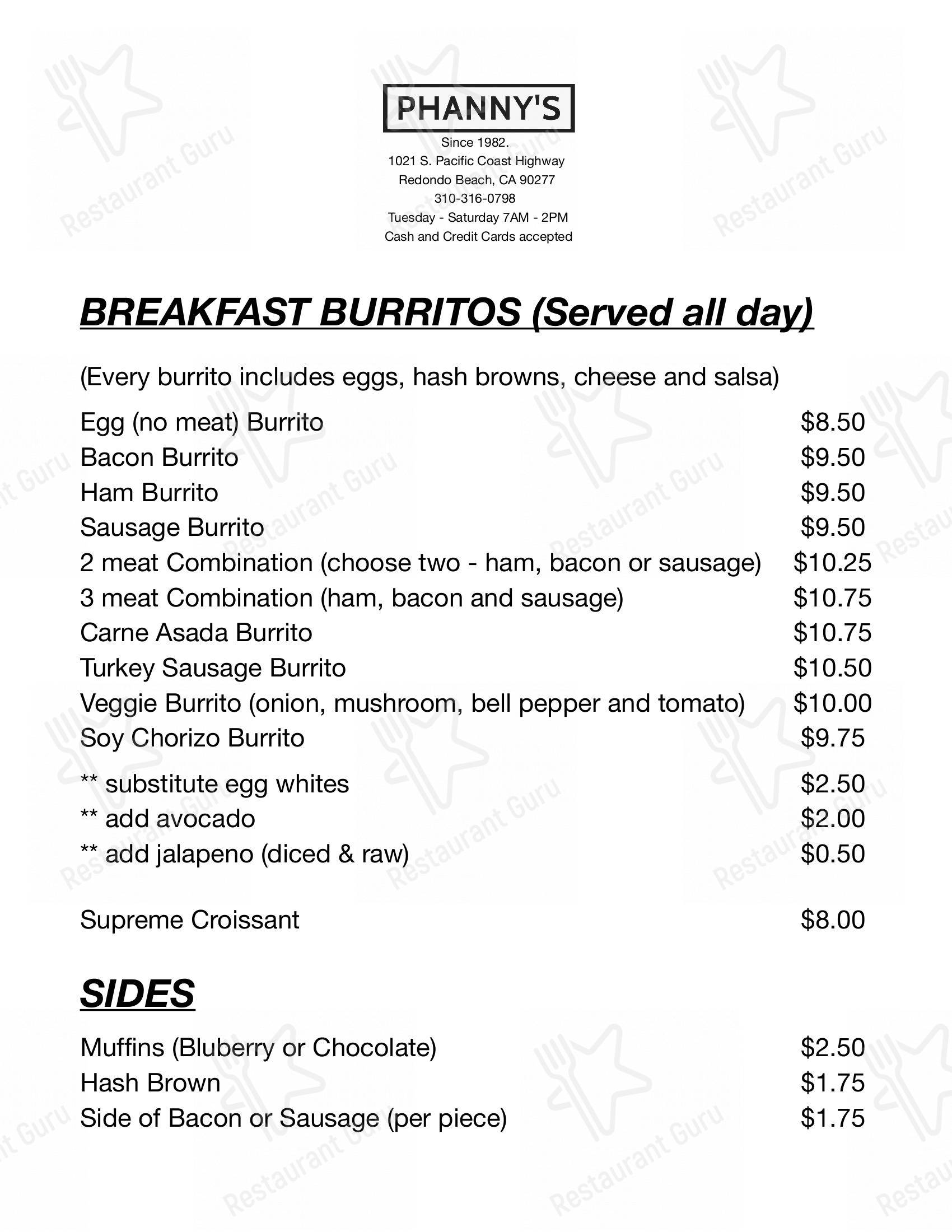 Menu at Phanny's restaurant, Redondo Beach