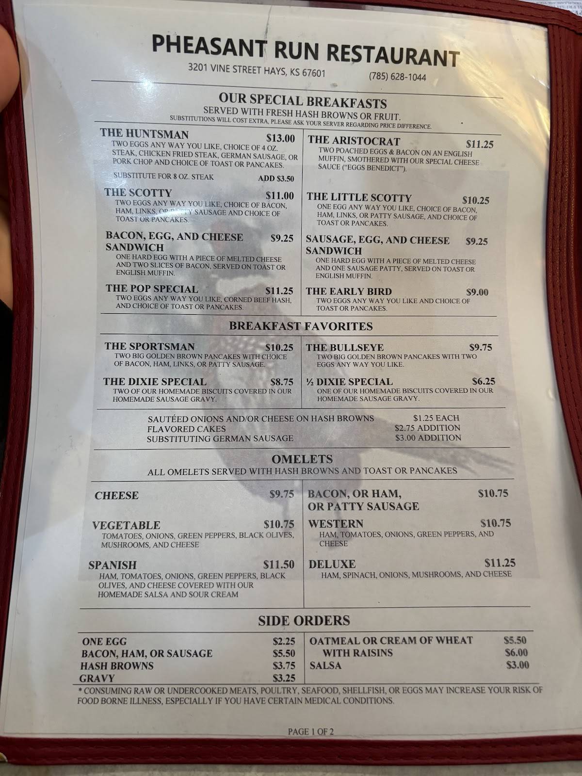 Menu at Pheasant Run restaurant, Hays