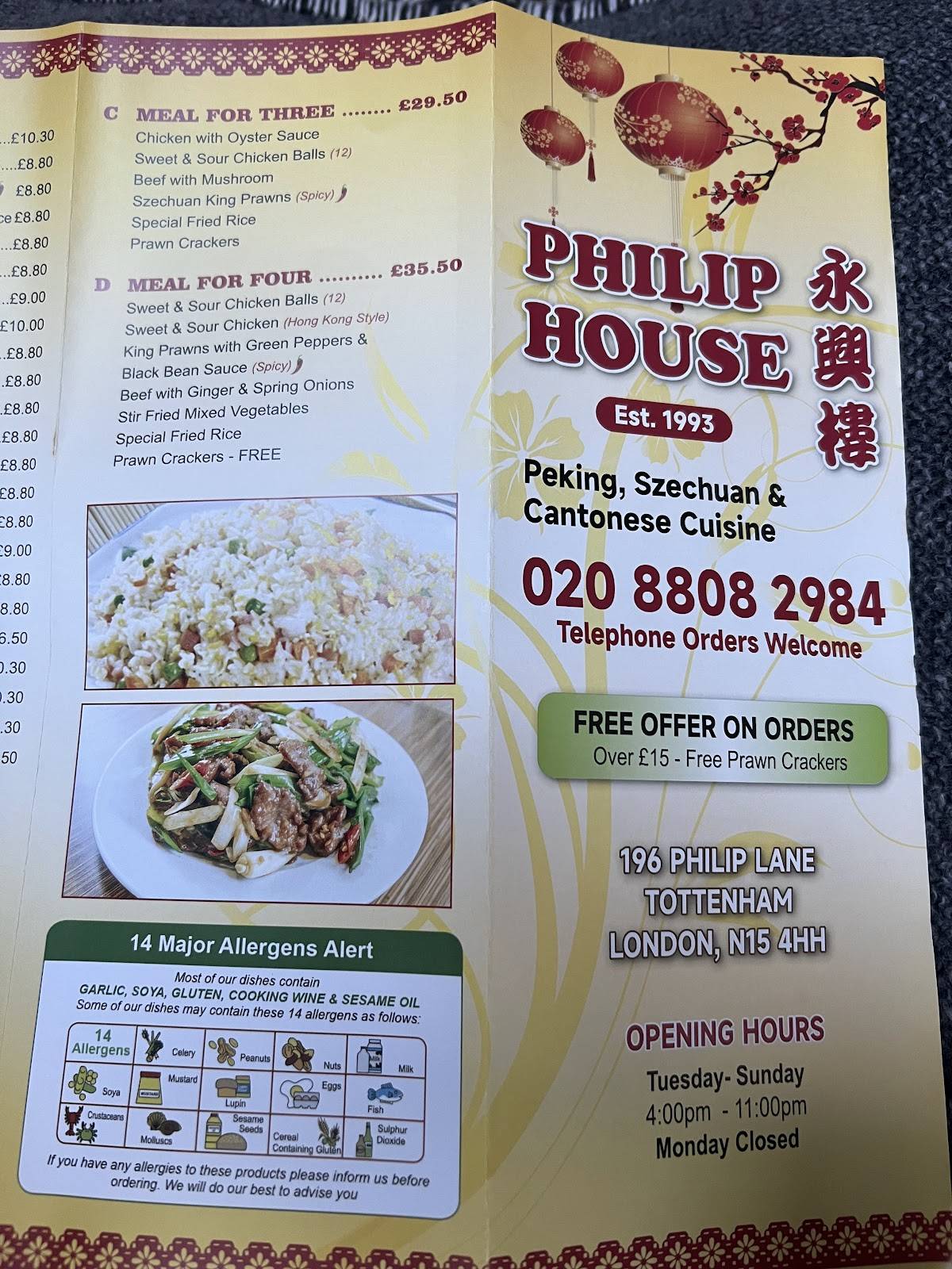 Menu at Philip House Chinese Takeaway restaurant, London