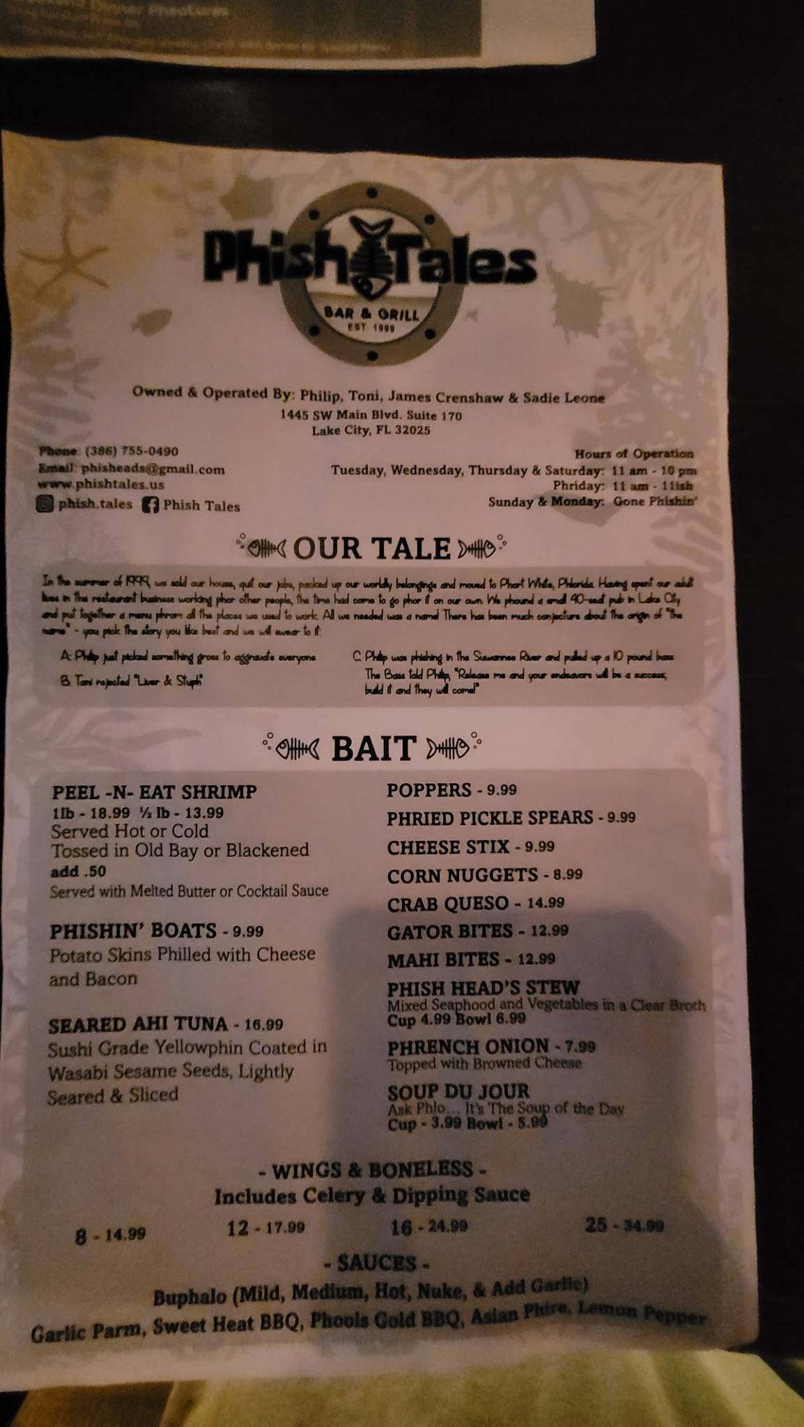 Menu at Phish Tales pub & bar, Lake City, SW Main Blvd #170