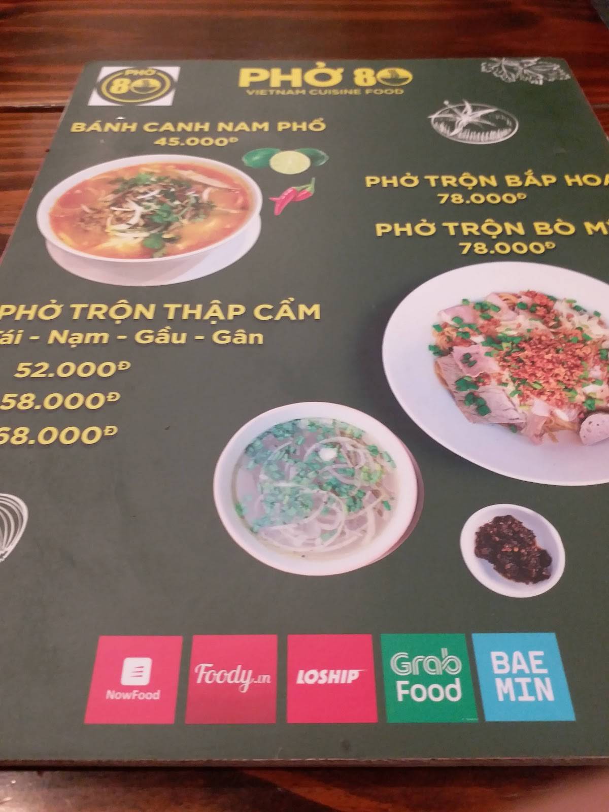Menu at Phở 80 restaurant, Ho Chi Minh City, 380A Nguyễn Thị Thập