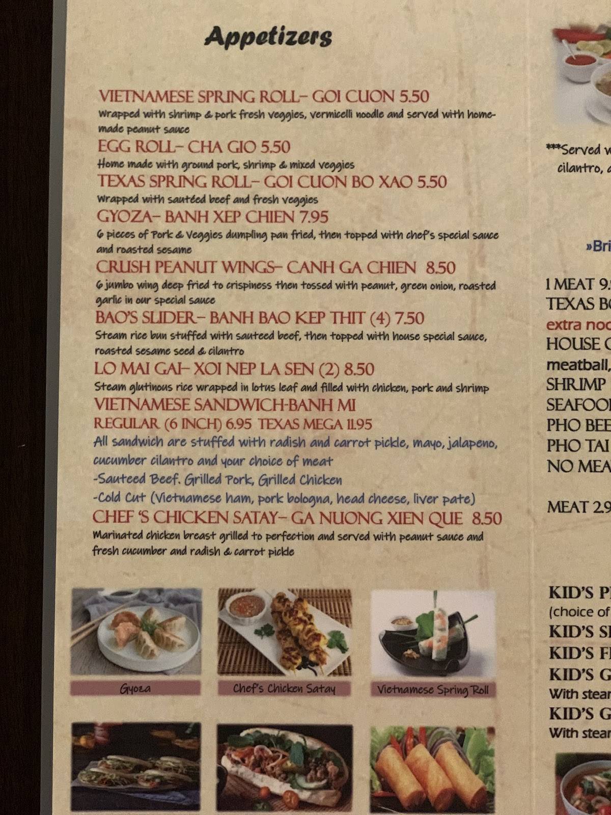 Menu at Pho 84 restaurant, Amarillo