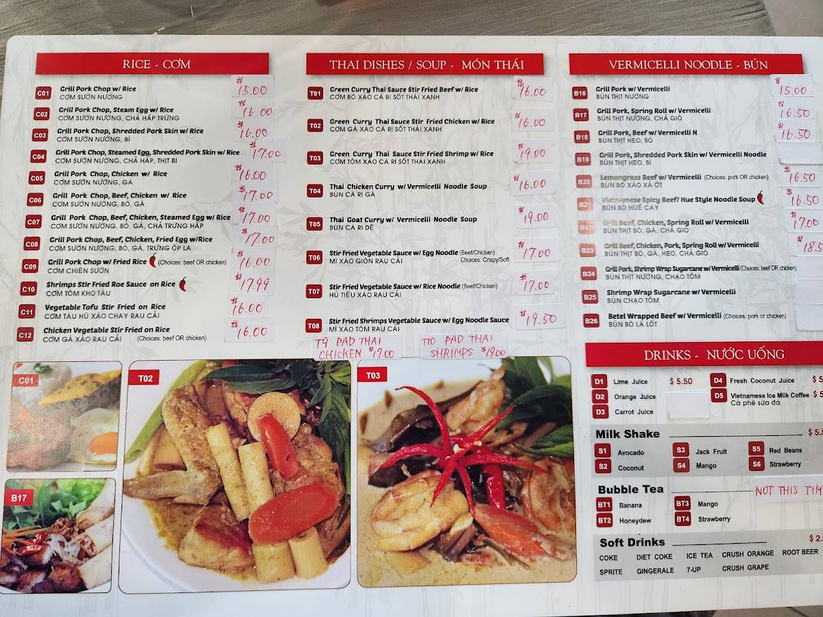 Menu at Pho Bat Trang restaurant, St. Catharines