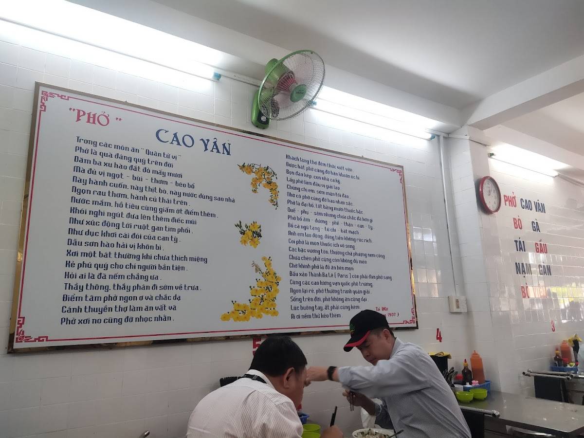 Menu at Phở Cao Vân restaurant, Ho Chi Minh City