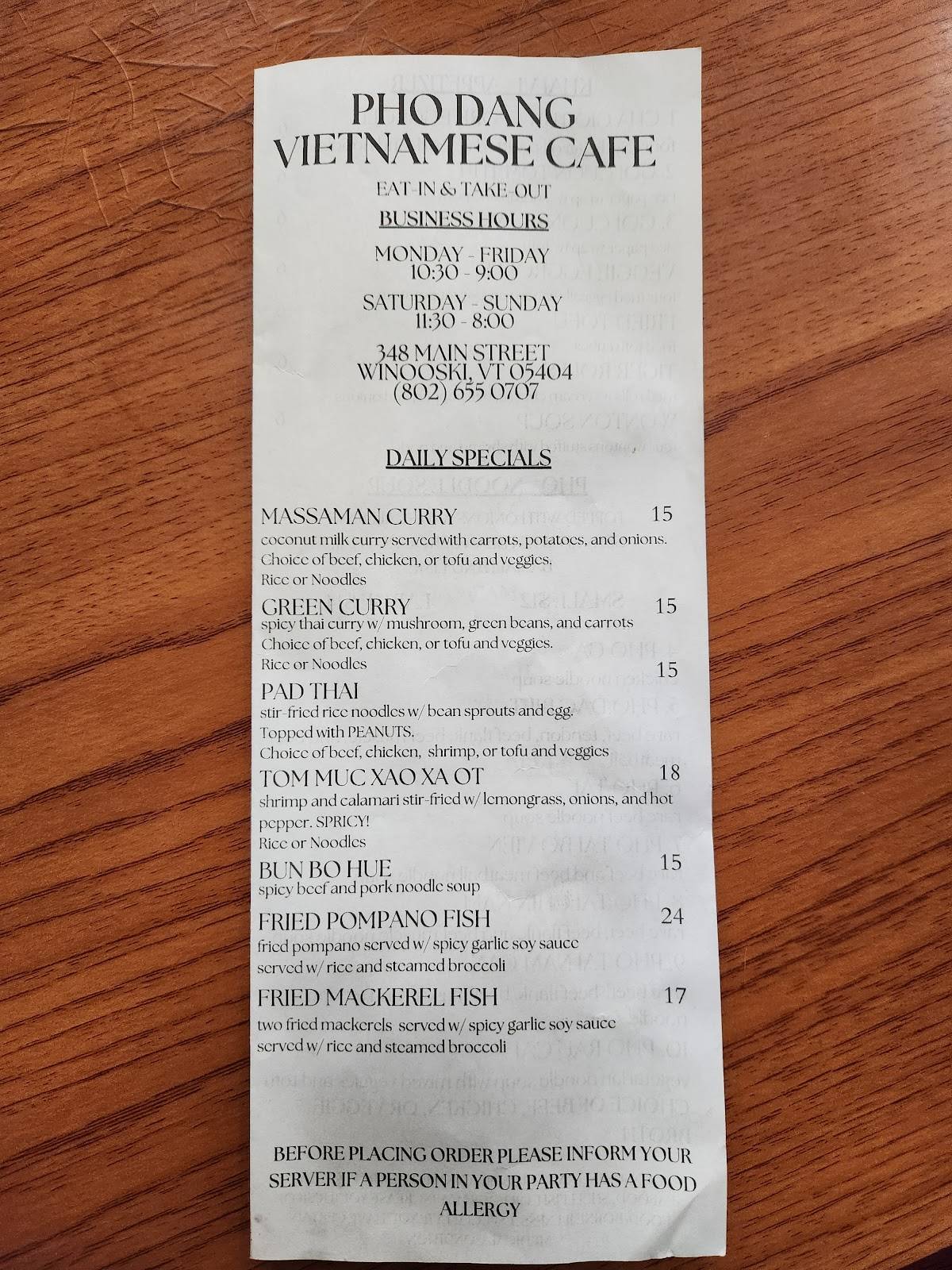 Menu at Pho Dang Vietnamese Cafe, Winooski