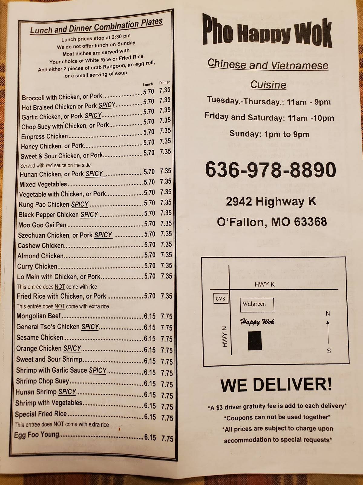 Menu at Pho Happy Wok restaurant, O'Fallon, State Hwy K