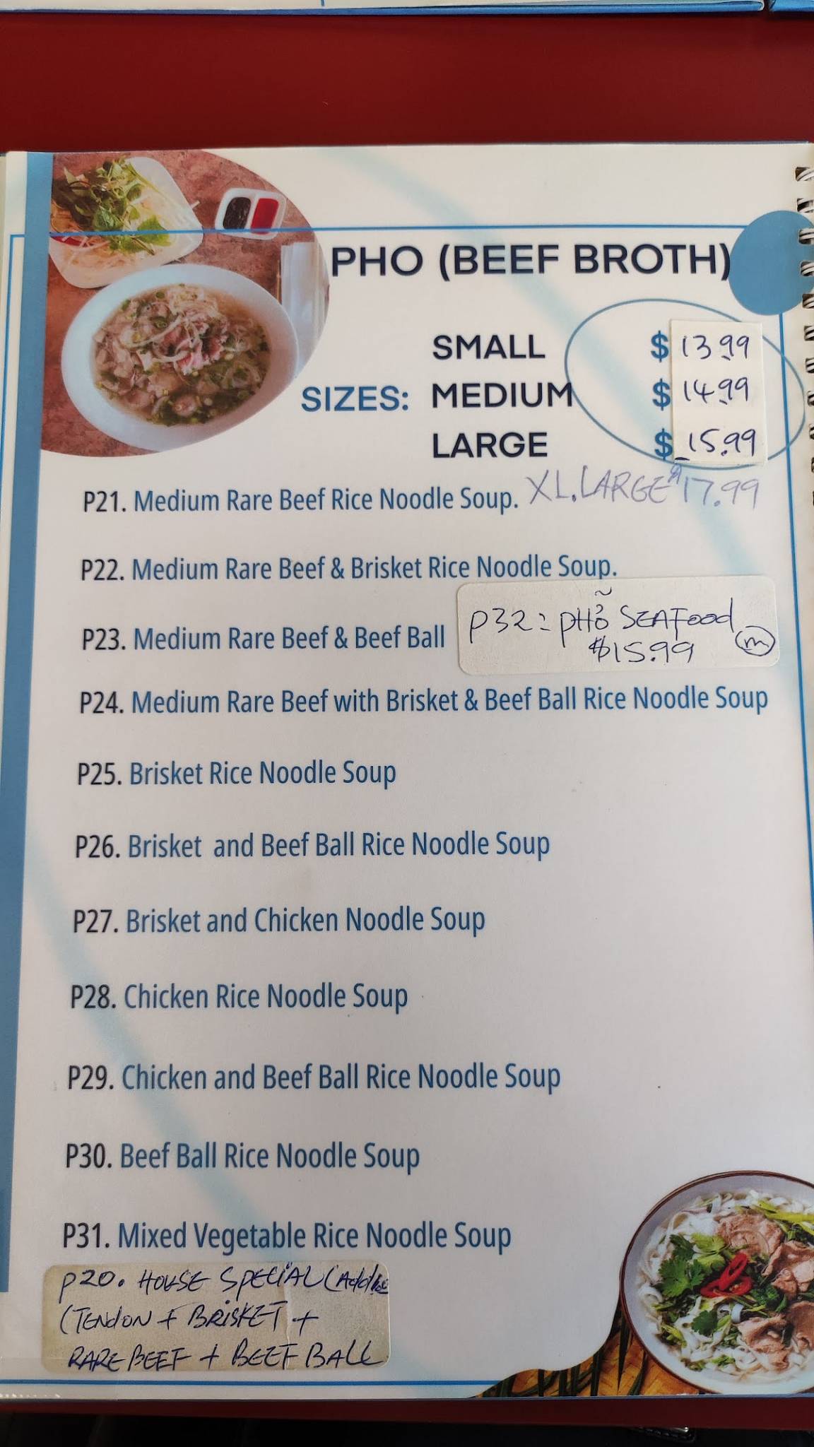 Menu at Pho Nhung Sarnia restaurant, Sarnia