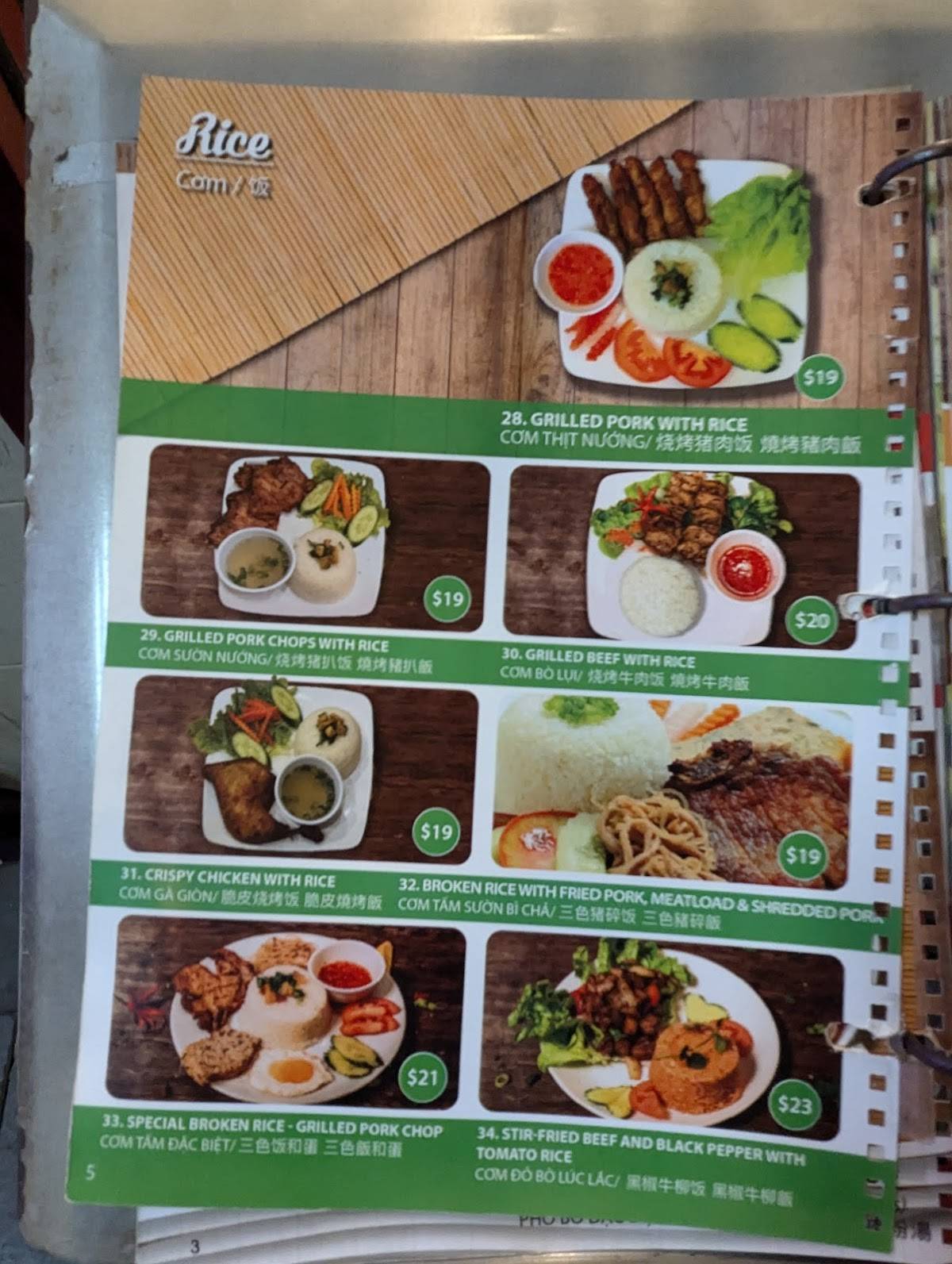 Menu at Pho Pasteur restaurant, Haymarket