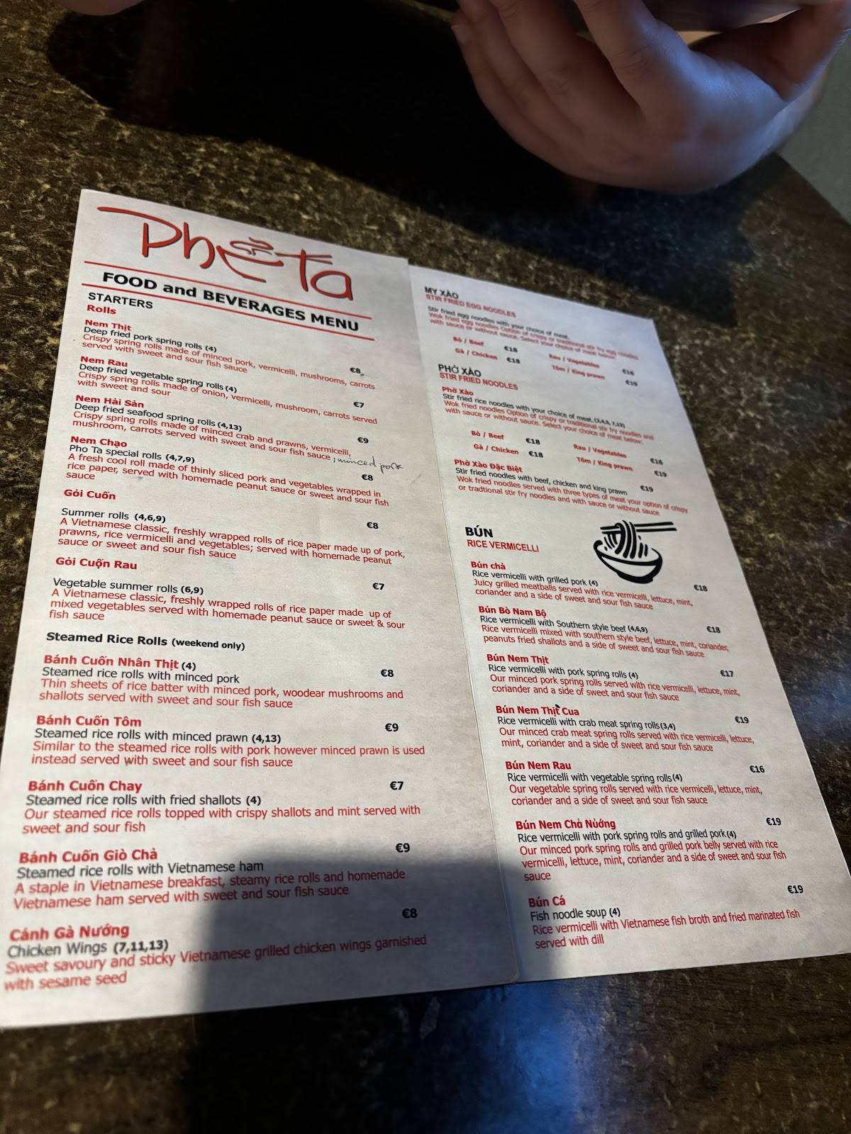 Menu at Pho Ta restaurant, Dublin
