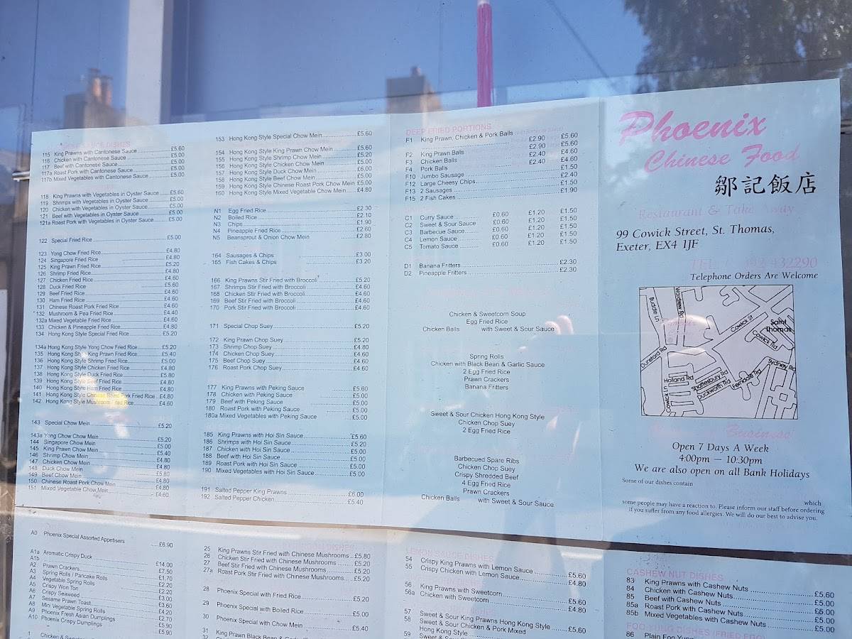 Menu at Phoenix restaurant, Exeter
