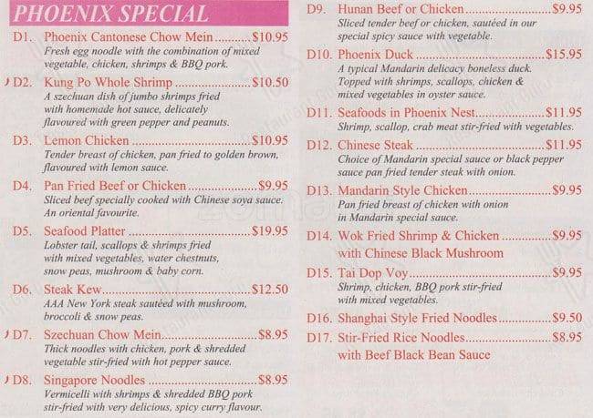 Menu at Phoenix Chinese Restaurant, Mississauga, Creditview Rd